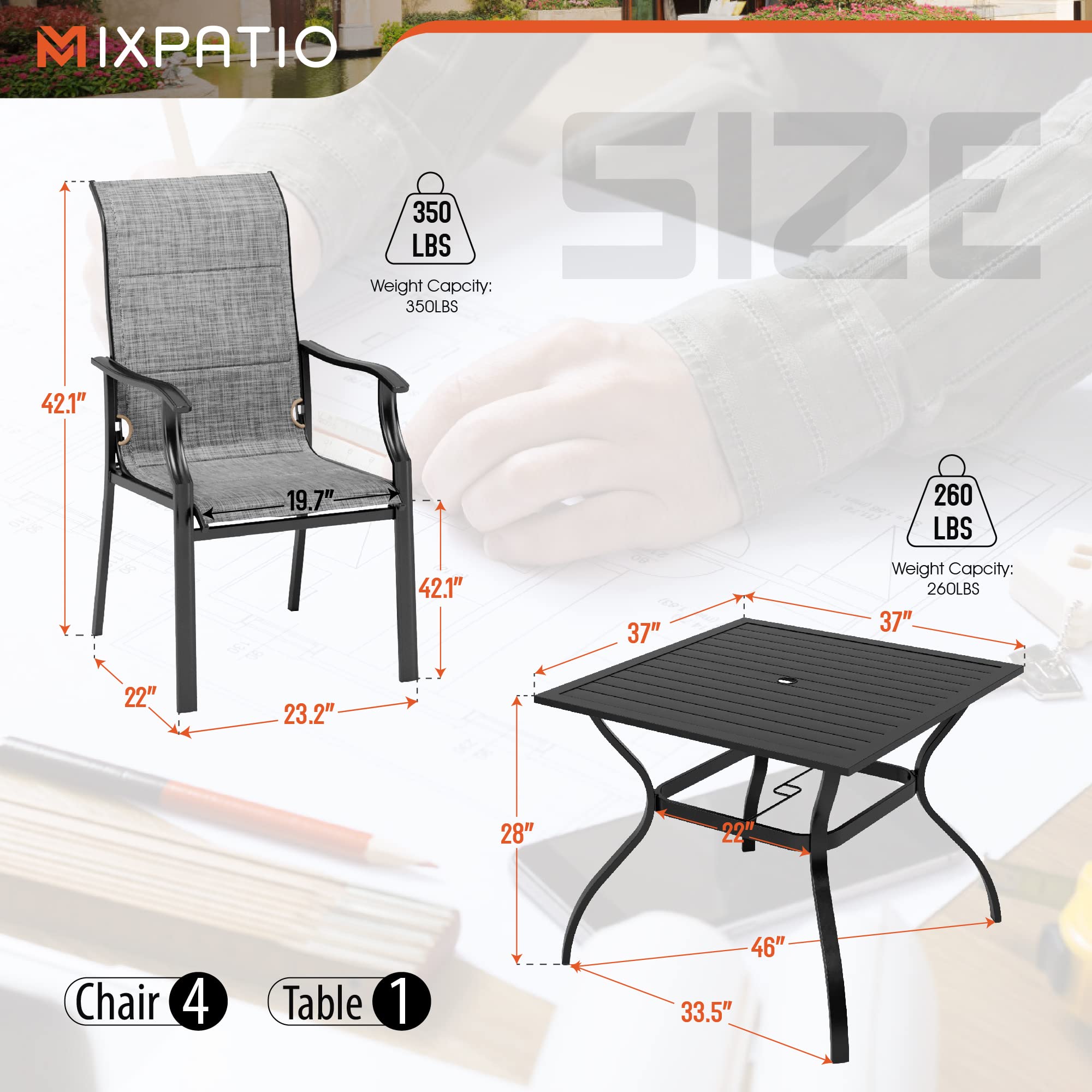 MIXPATIO 5 Pieces Patio Dining Set, 4 People Outdoor Furniture Set, 37" Square Metal Table with 1.57" Umbrella Hole, 4 Padded Textilene Standard Chairs,for Deck Garden Backyard Lawn Poolside