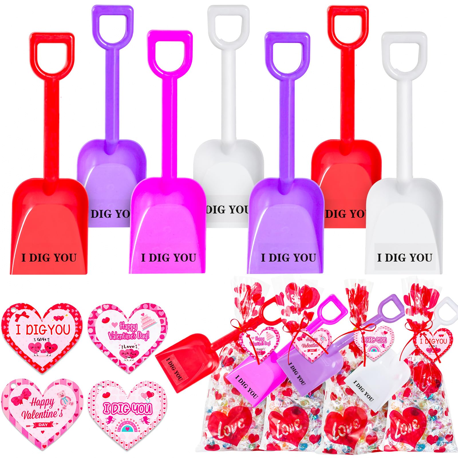 MGparty 24 Pack Valentines Day Plastic Toy Shovels with Cards, I Dig You Stickers, Gifts Bags Valentines Day Classroom Gift Exchange Supplies Party Favors for Kids