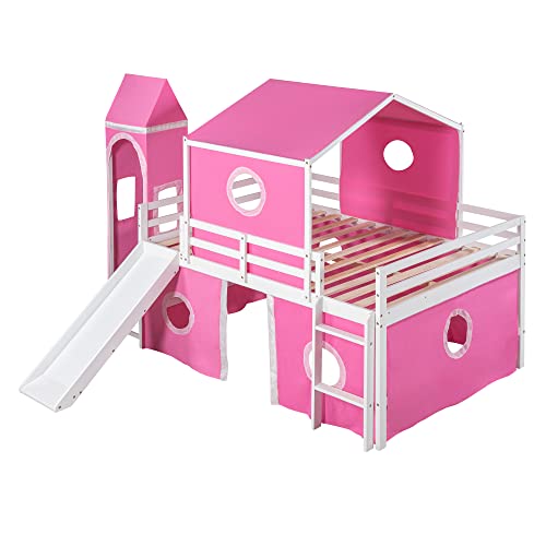 BOVZA Castle Full Low Loft Bed with Slide Pink Tent and Tower for Kids Teens Boys Girls, Pink