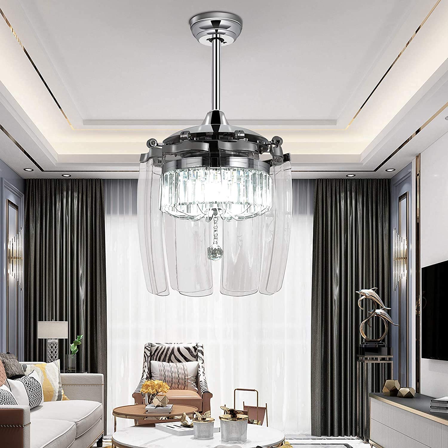 AWEHIRU 48inch Modern Crystal Ceiling Fan Indoor with Lights, Remote Control Fandelier, Retractable Ceiling Fan and Light Bedroom Dining Room Light Ceiling Fan Chandelier Light Fxitures