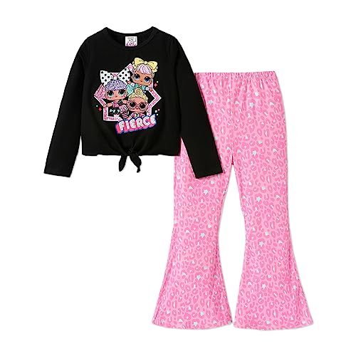 L.O.L. Surprise! Girls 2 Piece Outfits Tie Knot Long Sleeve Tee Top and Heart Pink Bell Bottom Flared Pants Set Black 5-6 Years