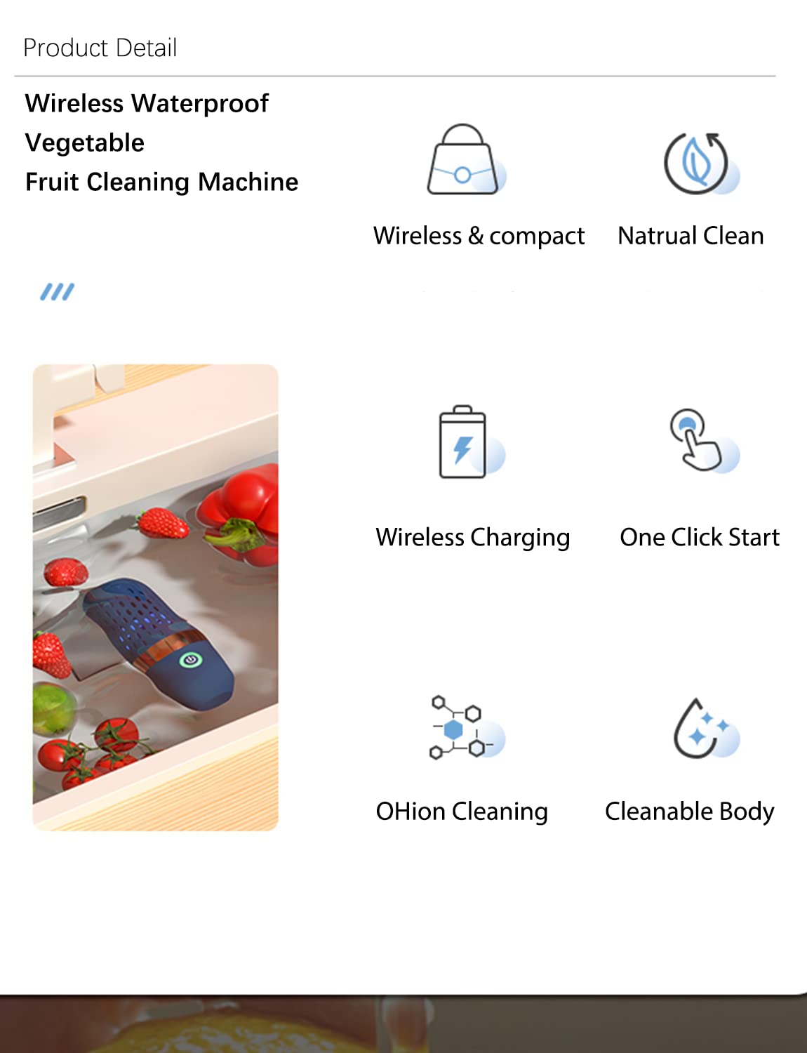 BCRTO Vegetable and Fruit Cleaner Machine, Aquapur Water-Proof Fruit Cleaning Device with OH-ion Purification Technology 250min Working time and Wireless Charging, for Cleaning Fruit, Grain,Meat