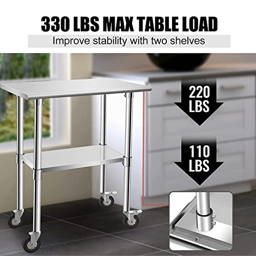 Hasopy Stainless Steel Table for Prep, Heavy Duty Work Table with 4 Casters for Commerical Kitchen, Restaurant, Home and Hotel (30'' X 18'')