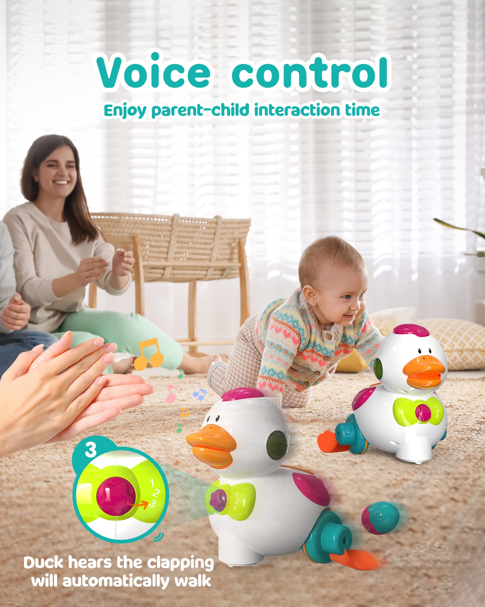 auby Dancing Duck Toy for Toddlers 2-3, Voice Controlled Musical Toys with Light, 3 Mode Moving Duck Toys with 2 Eggs, Easter Toys for Crawling Babies, Crawling Duck Lay Eggs Toys