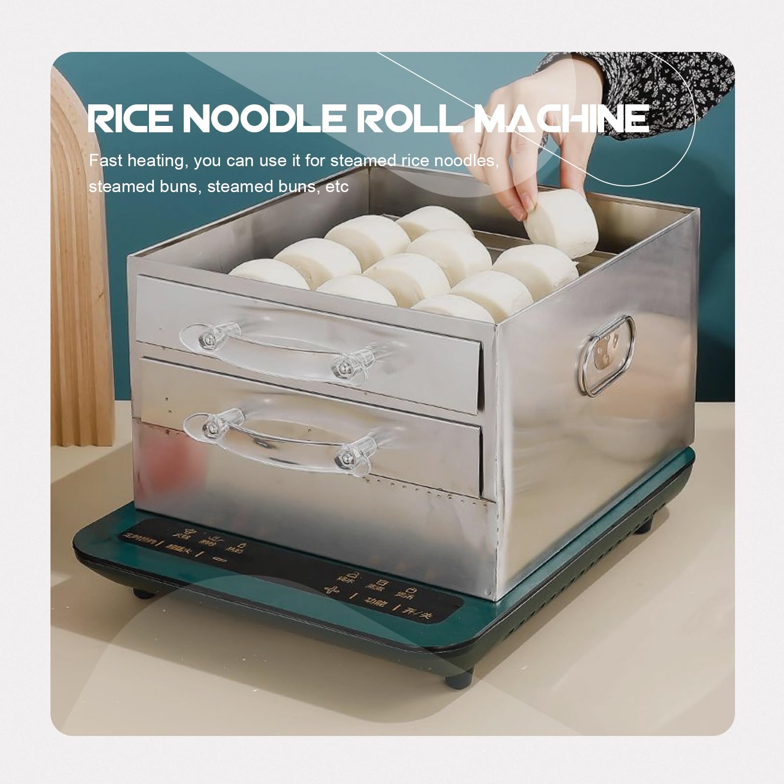 Rice Noodle Roll Steamer Machine - 2 Layers 2 Trays Chinese Cantonese Cheung Fun Changfen Maker for Commercial and Home Use with Extra Stainless Steel Holed Steam Tray and Long Handle