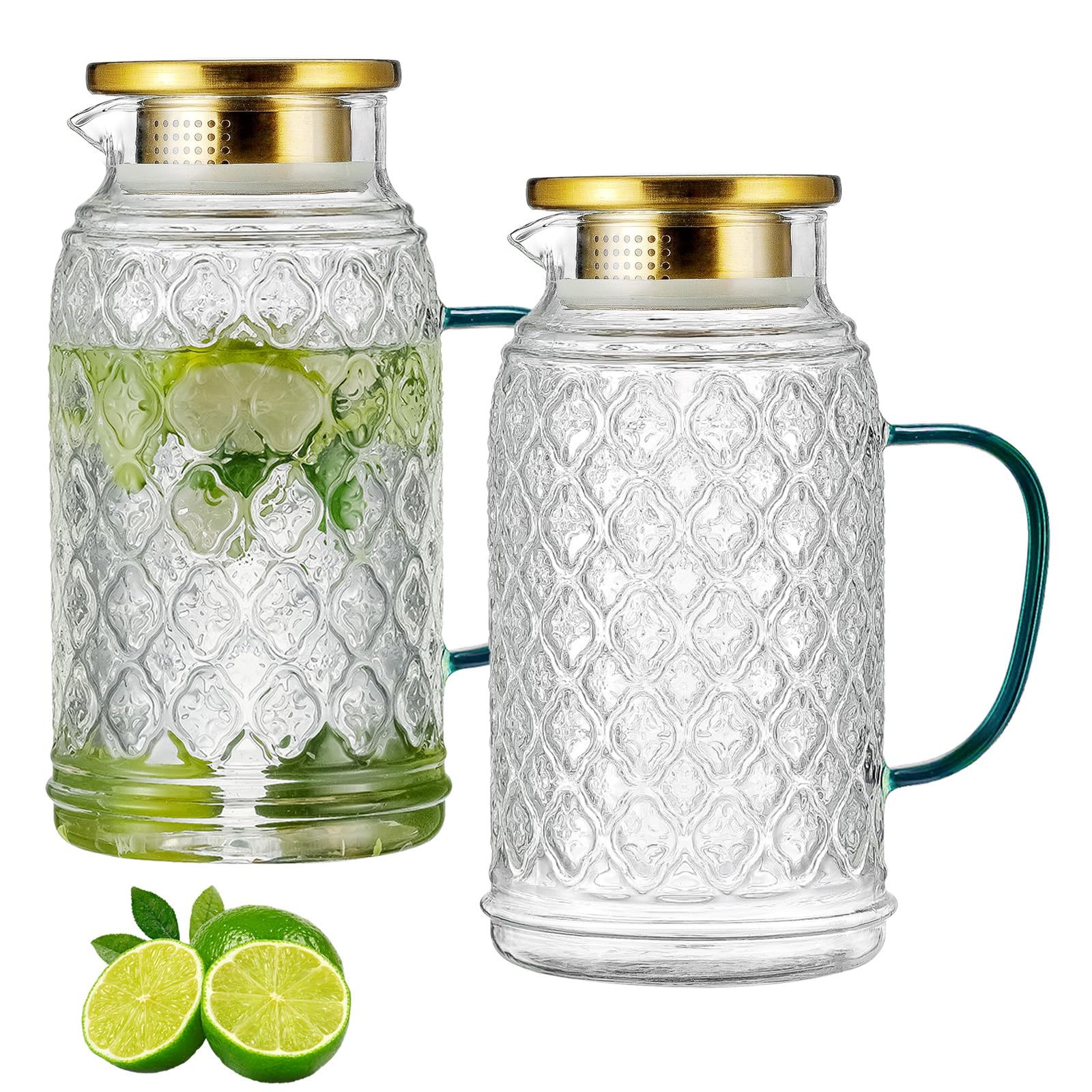 Buaic Glass Pitcher with Lid, 2 PACK 68 oz/2 Liter Vintage Water Pitcher, Clear Borosilicate Glass Water Carafe for Cold Brew, Coffee, Lemonade, Iced Sun Tea,Beverage, Heat Resistant Water Glass Jug