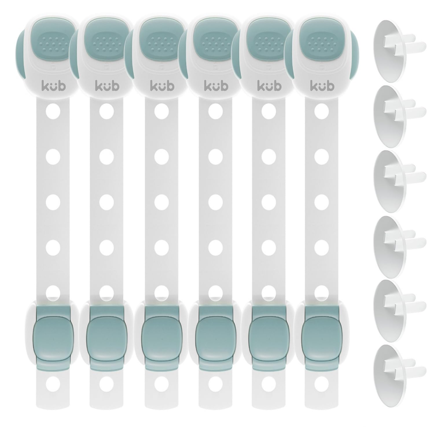 Baby Proofing Child Safety Strap Locks + Child Proof Outlet Covers (6+6 Pack) - Safety Locks for Baby with 3M Adhesive - Child Proof Cabinet Latches for Drawers, Fridge, Toilet - No Drilling (Green)
