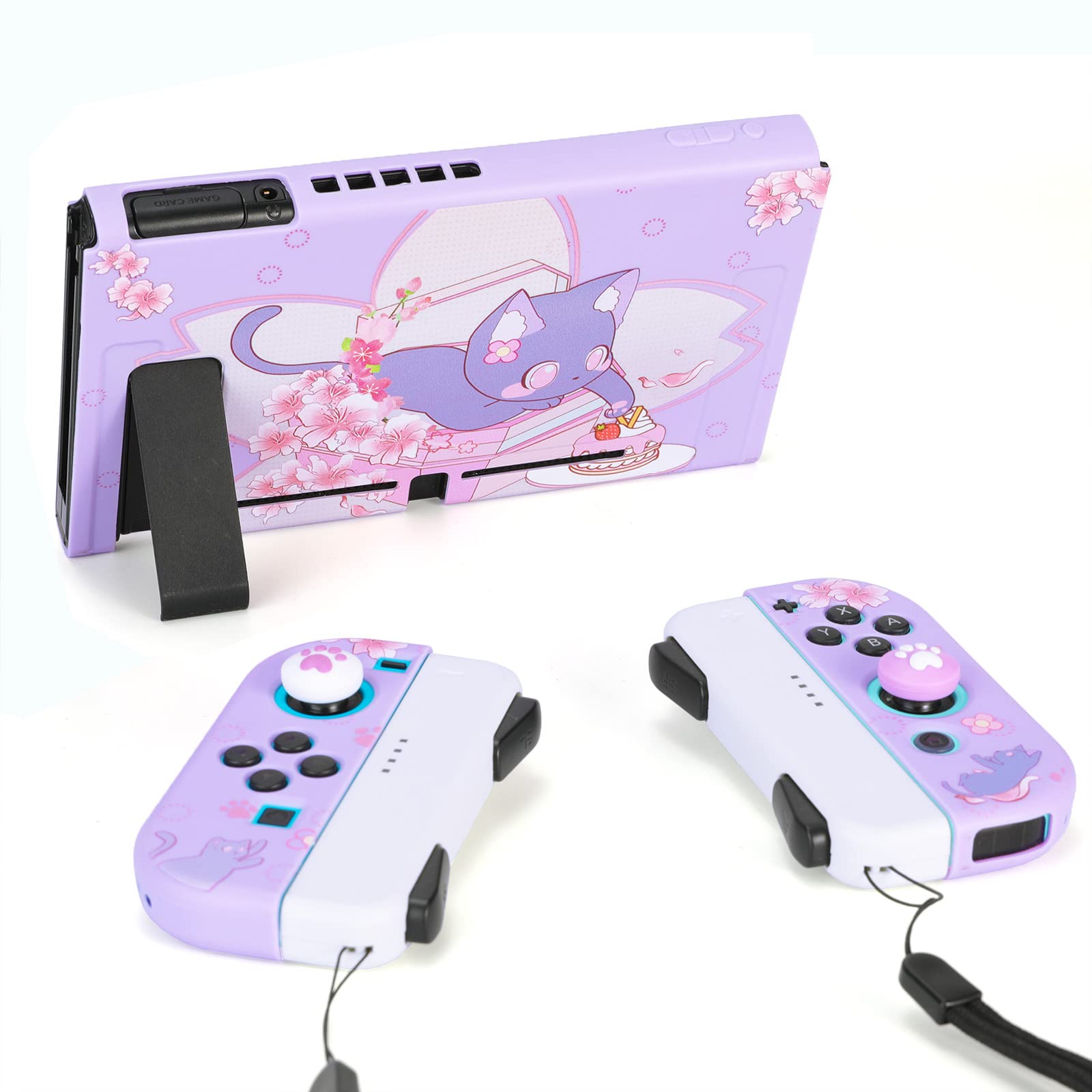AUCHOIS LightPro Dockable Case for Nintendo Switch - Cute Protective Cover Case for Switch Console and Joy-Con with Cat Paw Thumb Grips, Anti-Scratch -- Purple Sakura Cat