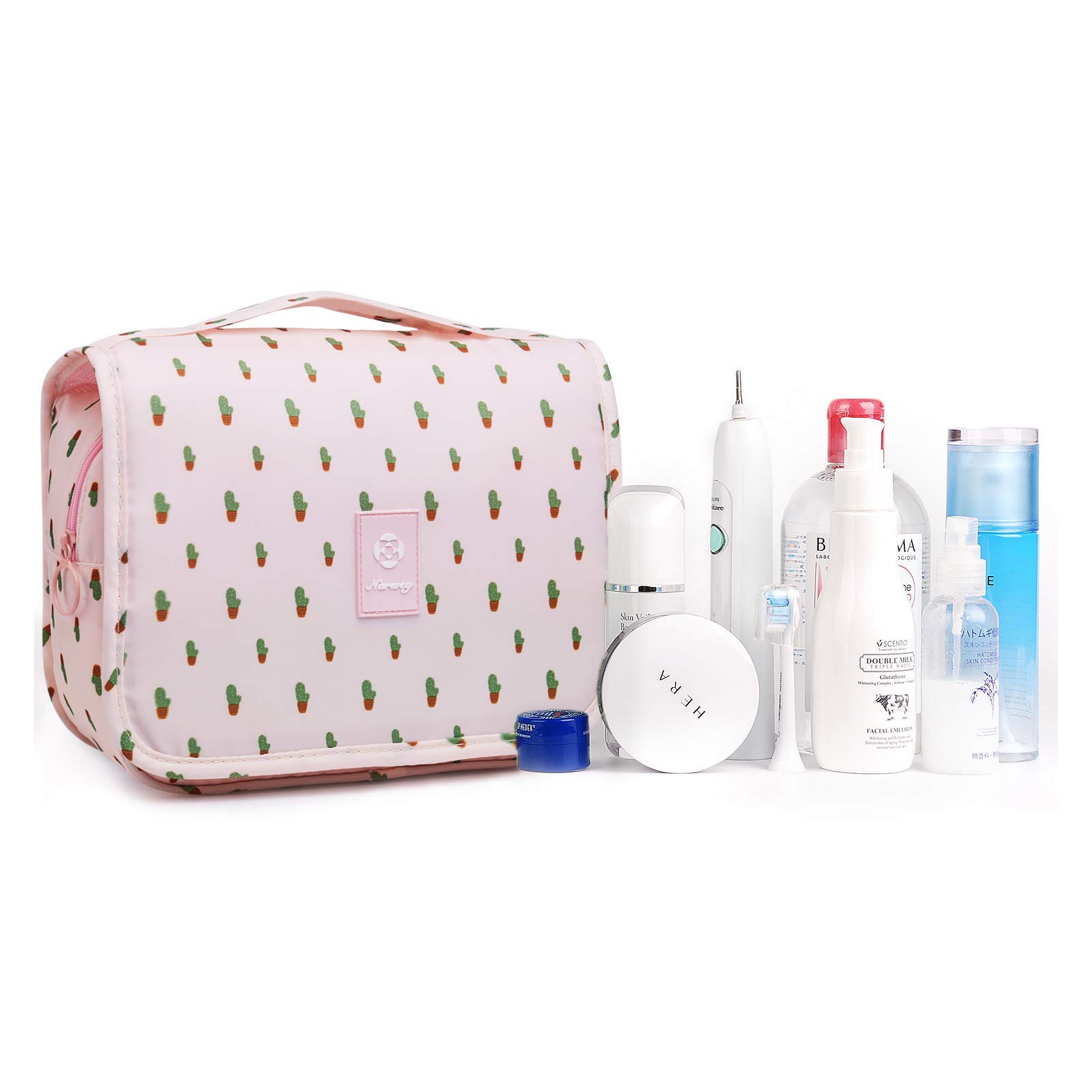 Narwey Hanging Toiletry Bag for Women Travel Makeup Bag Organizer Toiletries Bag for Travel Size Cosmetics Essentials Accessories (Cactus)
