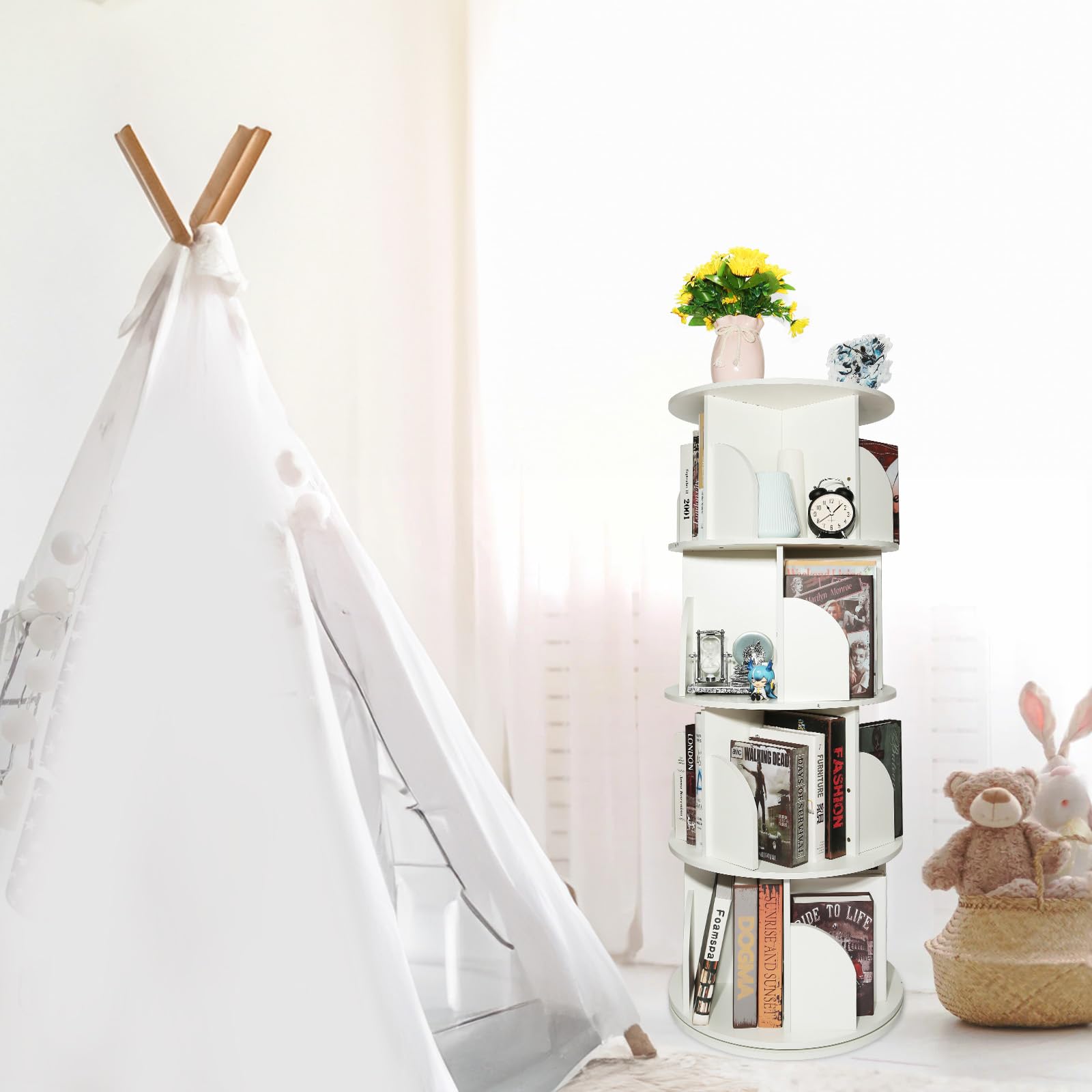 BEICNWOD Rotating Bookshelf,4 Tier 360° Revolving Bookcase,Small Corner Bookshelf for Small Space, Stackable Bookshelf Organizer, Display Cabinet for Office Home Living Room,White (White)