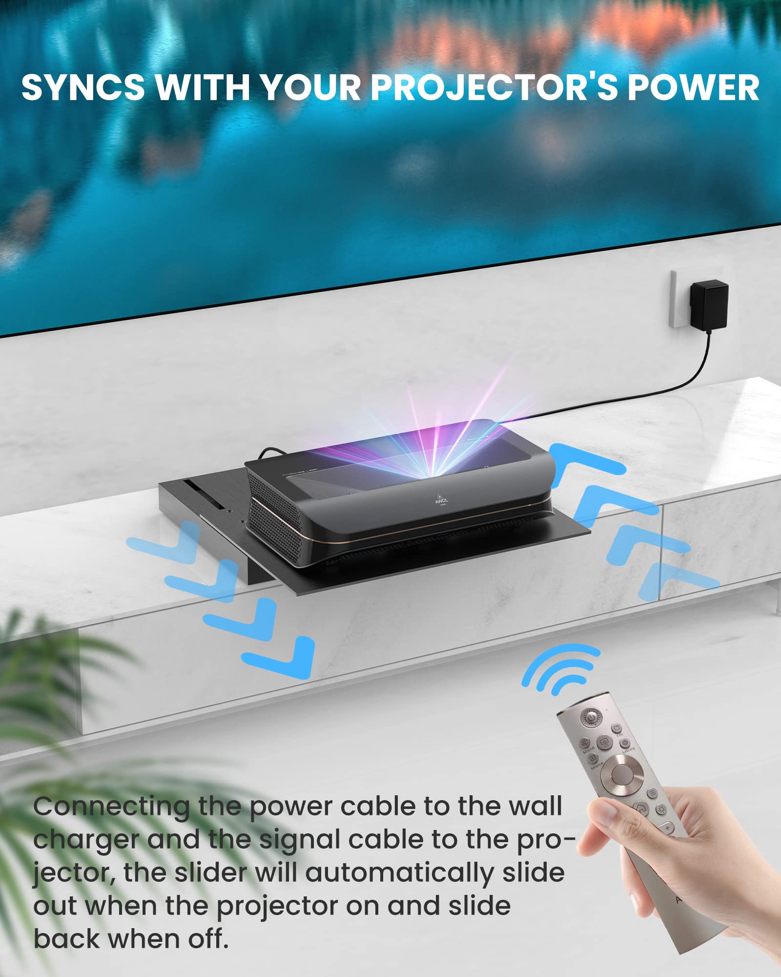 AWOL VISION IC-A120 Motorized Slider Tray for Ultra short throw(UST) projector, extend to 135" picture, automatically Retractable Tray telescopic design, smart syncs with projector's power