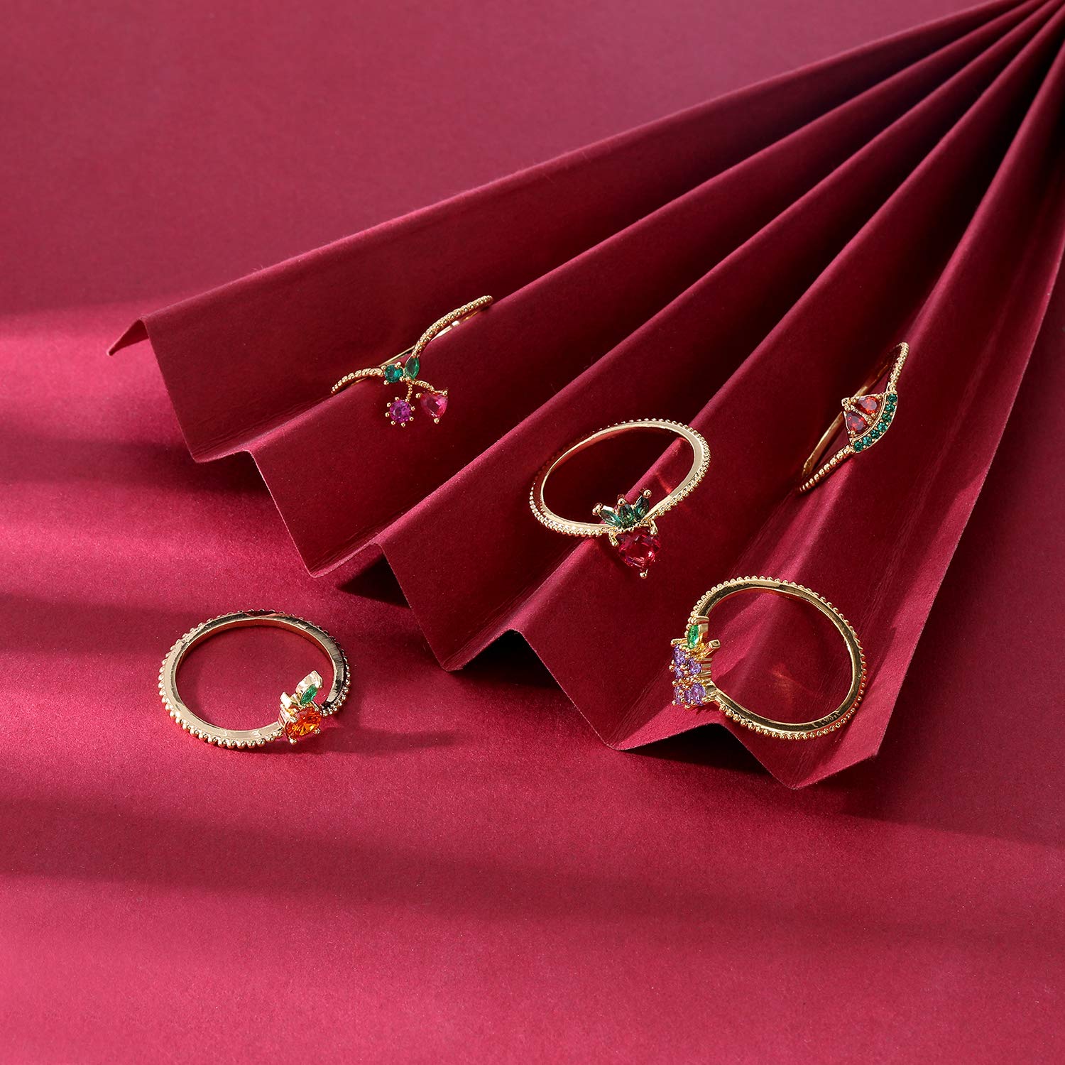 AOEDEJ 14K Gold Plated Fruit Rings Set Cute Stackable Tropical Fruit Pineapple Apple Cherry CZ Ring Sweet Cute Band Rings for Women