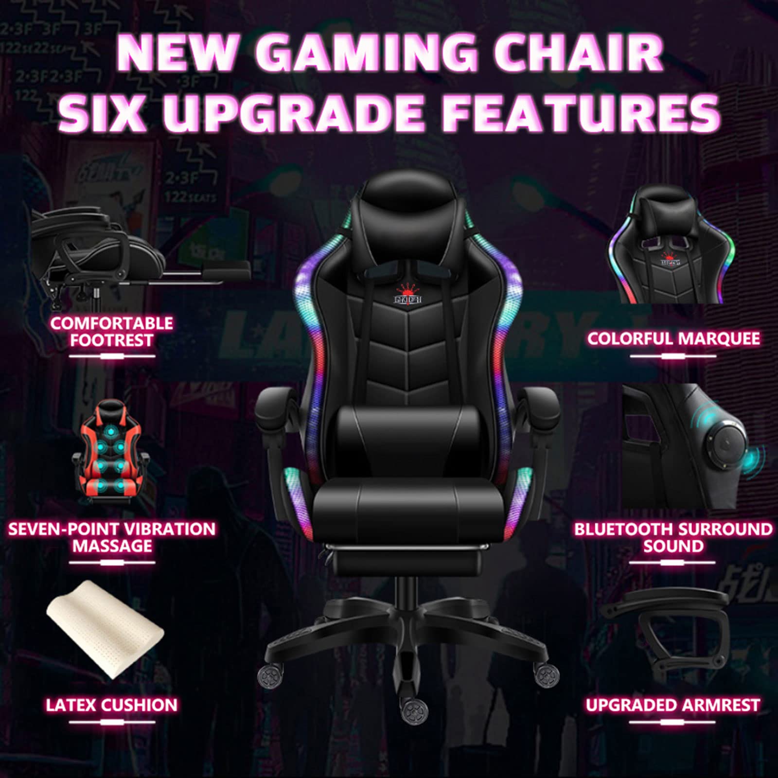 White Gaming Chair with LED Light, Ergonomic Pro Gaming Chair with Full Massage Lumbar Support, Bluetooth Speakers Computer Chair for Retractible Footrest and Backrest Adjustable,White