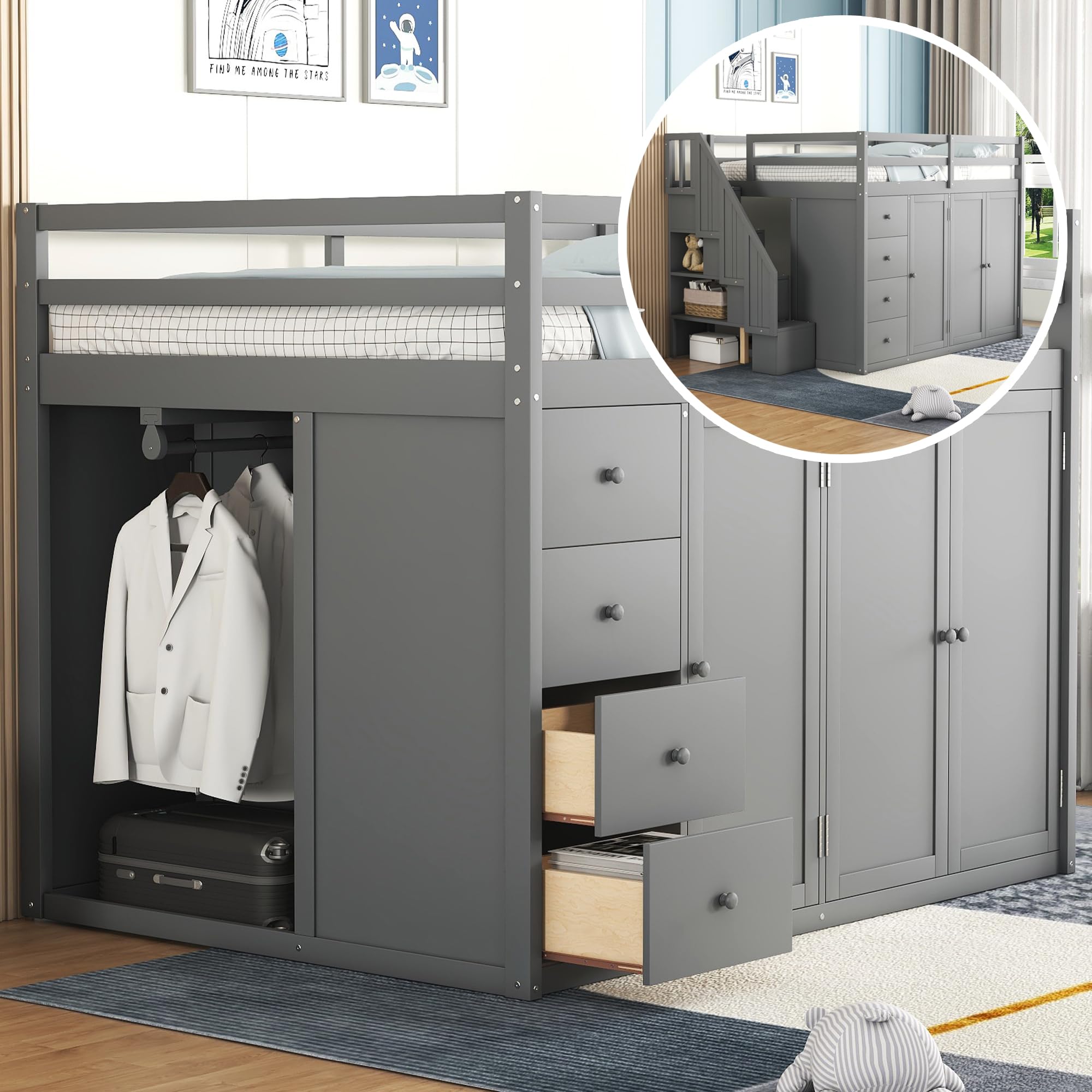 Harper & Bright Designs Full Size Loft Bed with Stairs, Wood Loft Bed with 2 Wardrobes, Full Loft Bed with Storage Drawers and Cabinet, High Loft Bed Frame for Kids Teens Adults, Grey
