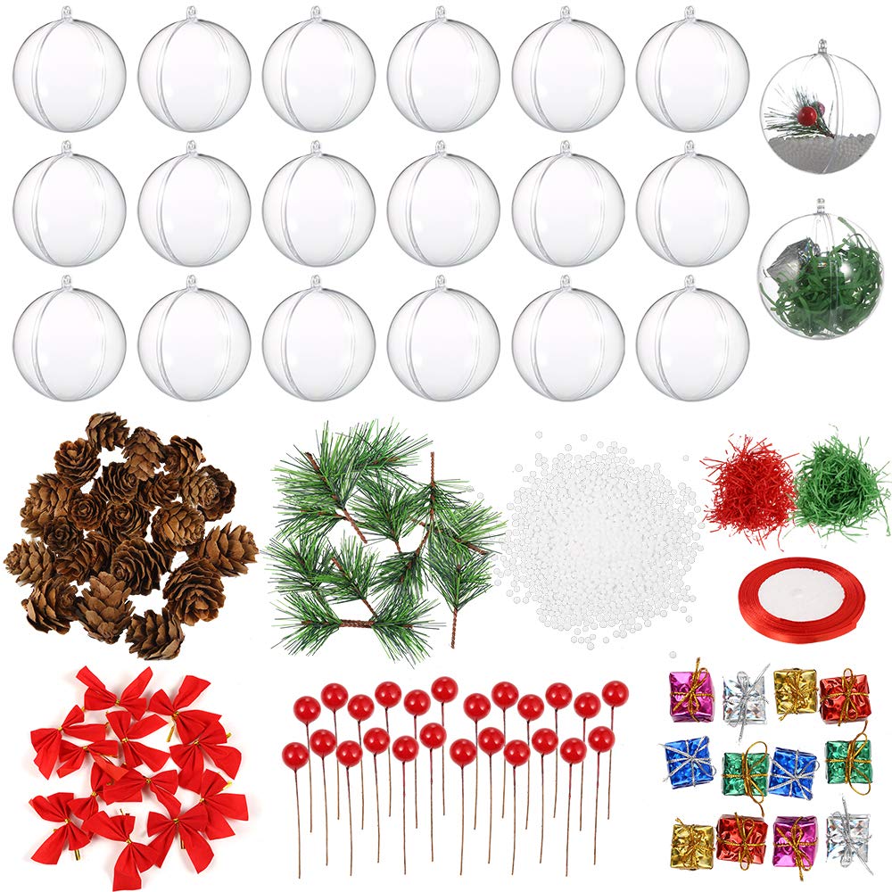 Auihiay 20 Pack 80mm Christmas Clear Ornaments Ball and Various Accessories for DIY Christmas Tree Balls Baubles Holiday Wedding Party Home Decorations