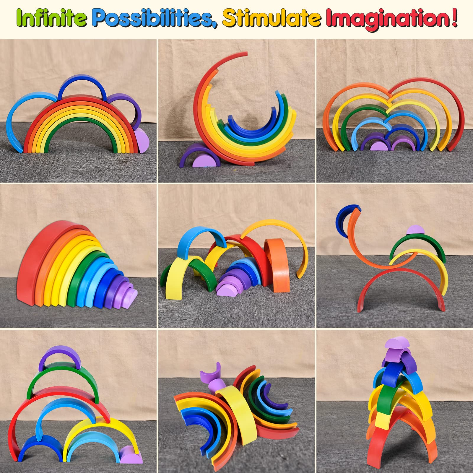 Atoylink Melamine Rainbow Stacking Toy Nesting Block Puzzle, Washable Extra Large 12Pcs Anti-break Non-BPA Building Game Stacker for Baby Kid Toddler Montessori Toys Educational Early Development Gift