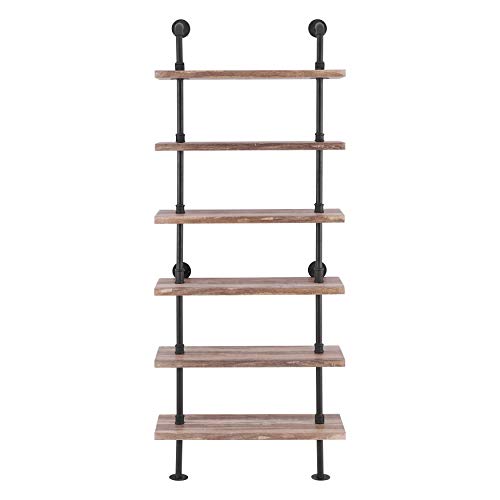 Danya B GH086 Industrial Decor - Modern Rustic 6-Tier Iron Pipe Wall Mount Ladder Shelving Unit in Distressed Wood Finish – Rustic Wood Bookshelf