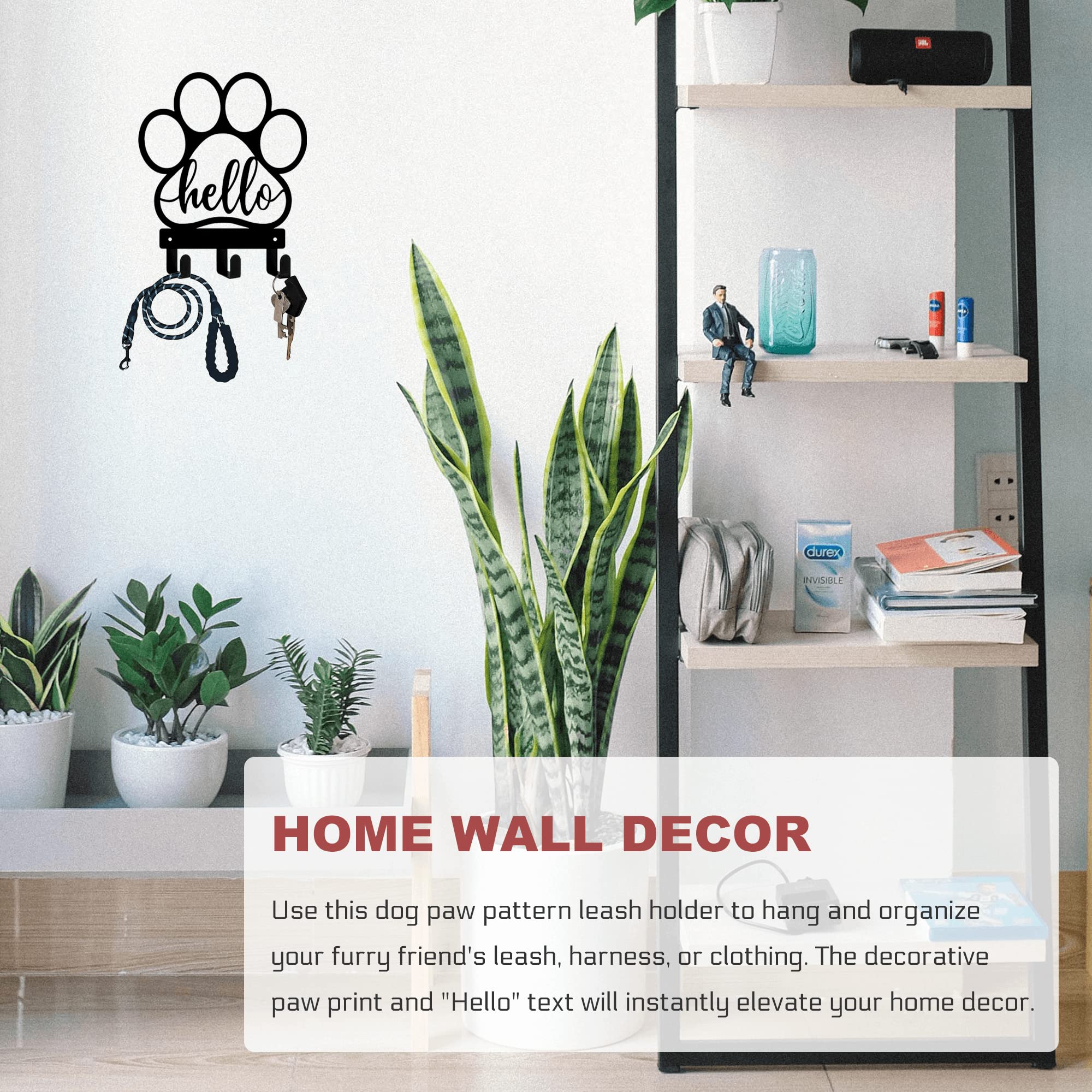 Dog Leash Holder for Wall, Leash Holder Wall Mount,Dog Stuff Storage Organizer, Wall Mount with Hello - Dog Leash, Dog Stuff, Key, Organizer Wall for Entryway,Dog Paw Shape Leash Hook Black