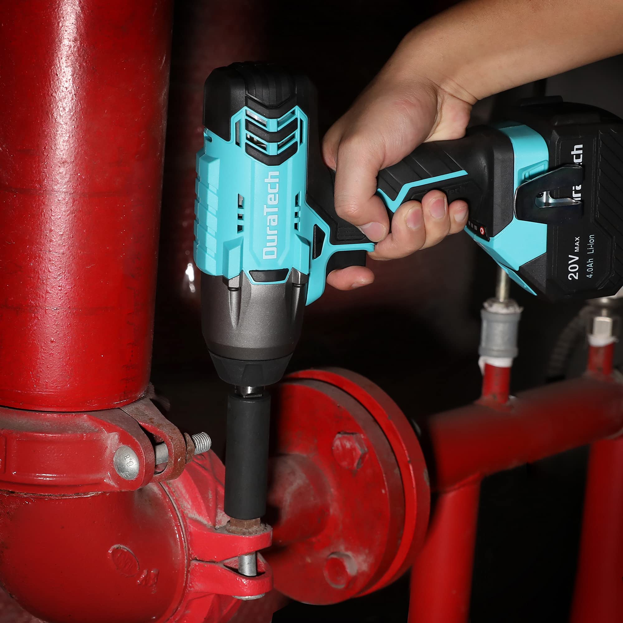 DURATECH Cordless Impact Wrench - Gifts for Dad, 20V Impact Gun, 1/2'' Drive, 330 Ft/lbs Max Torque, with 4 Impact Sockets, 4.0Ah Large Capacity Battery and Fast Charger Included, Great Gifts