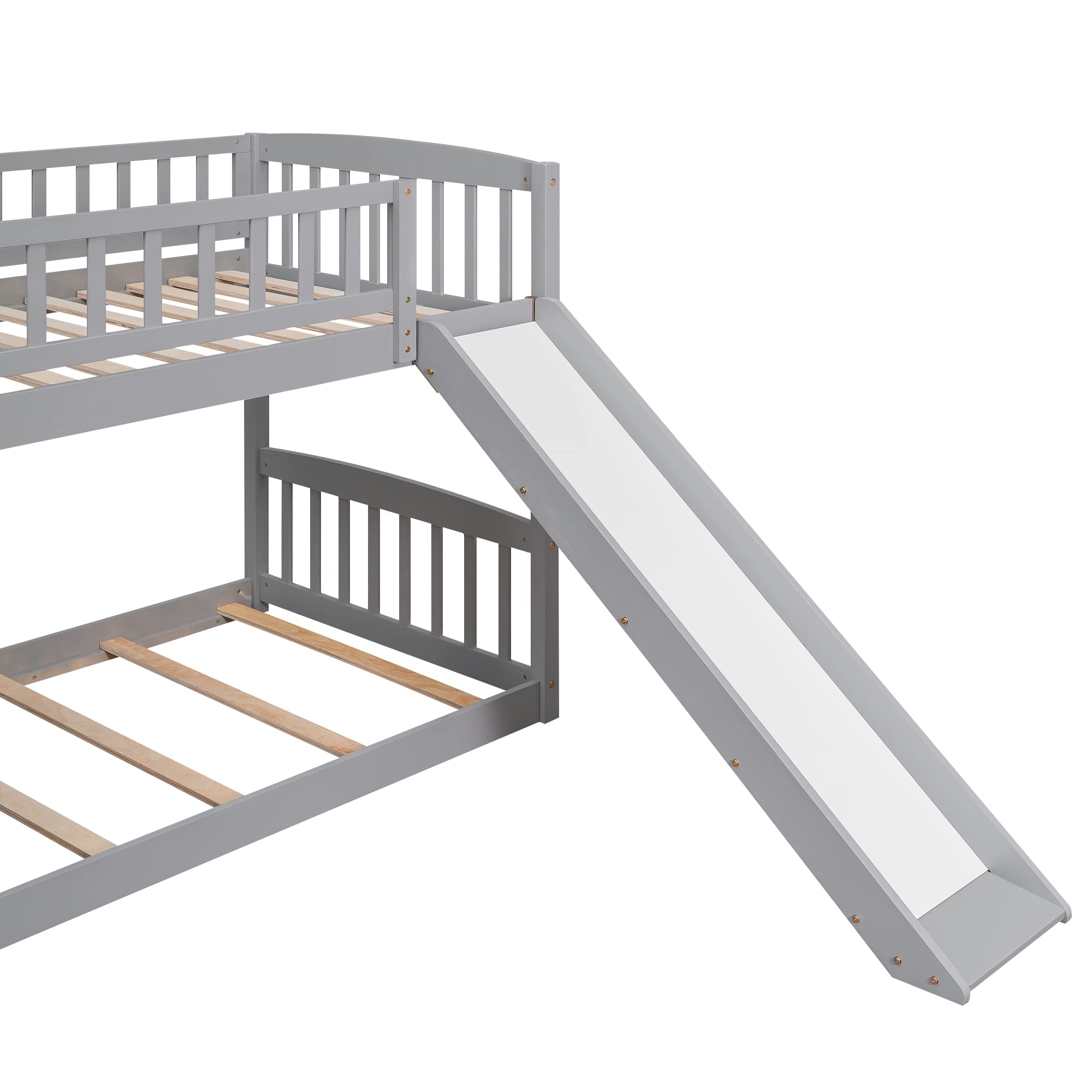CITYLIGHT Twin Over Twin Bunk Bed with Slide and Stairs, Wooden Low Bunk Bed with Storage Stairs,Kids Bunk Bed with Slide for Girls Boys,No Box Spring Needed, Grey