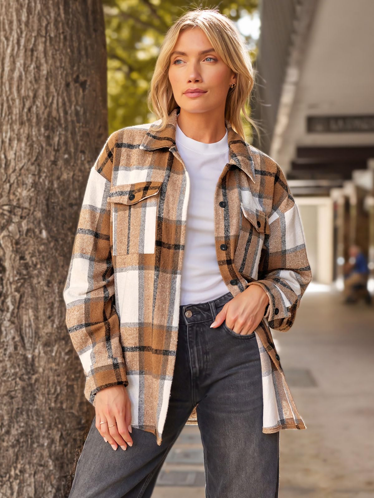AUTOMET Womens Fall Outfits Fashion Clothes Tops Oversized Flannel Jackets Shirts Button Down Long Sleeve Shacket Blouse 2024 Apricot