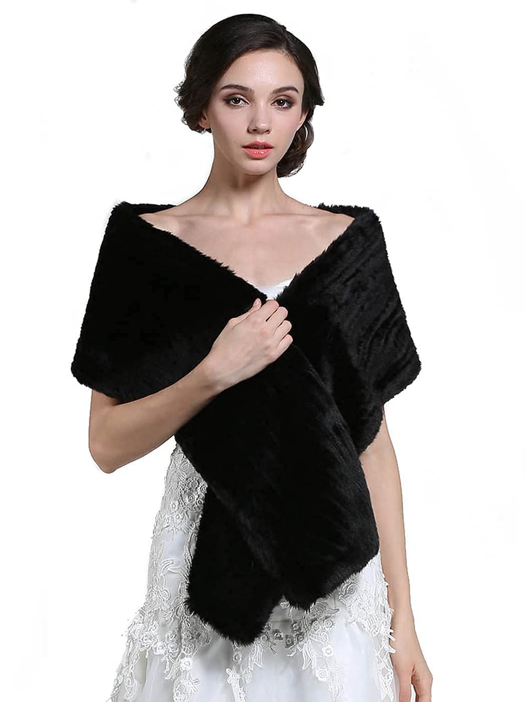Aukmla Faux Fur Shawl Wedding Fur Wraps and Shawls Bridal Fur Stole Winter Cape Shrug for Brides and Bridesmaids (Black)