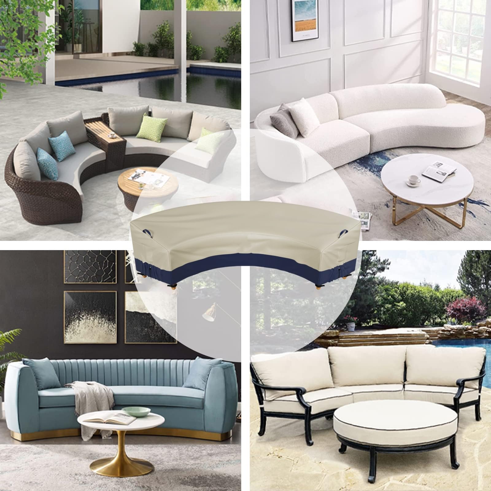 DUSTYPROTE Curved Sofa Cover,Outdoor Couch Cover 600D,Outdoor Sectional Covers Waterproof 120" L(Back)/82" L(Front) x 36" D x 38" H, Khaki with Dark Blue, Cover Only