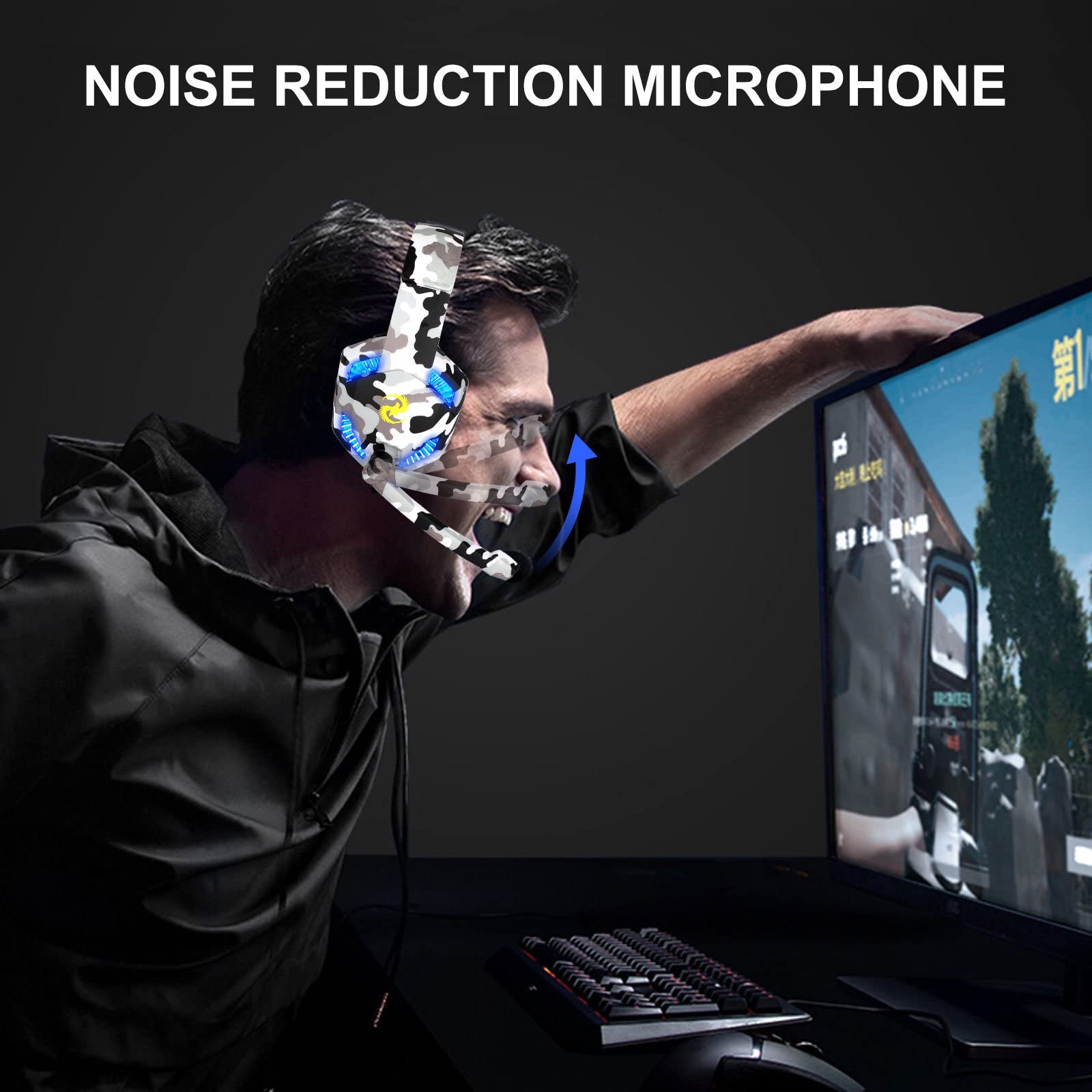 Atrasee Gaming Headset with Microphone for PC PS4 PS5 Xbox One Switch Laptop, Stereo Wired Over Ear Headphones with Surround Sound, Noise Cancelling, Soft Earmuffs, 3.5mm Aux, Camouflage