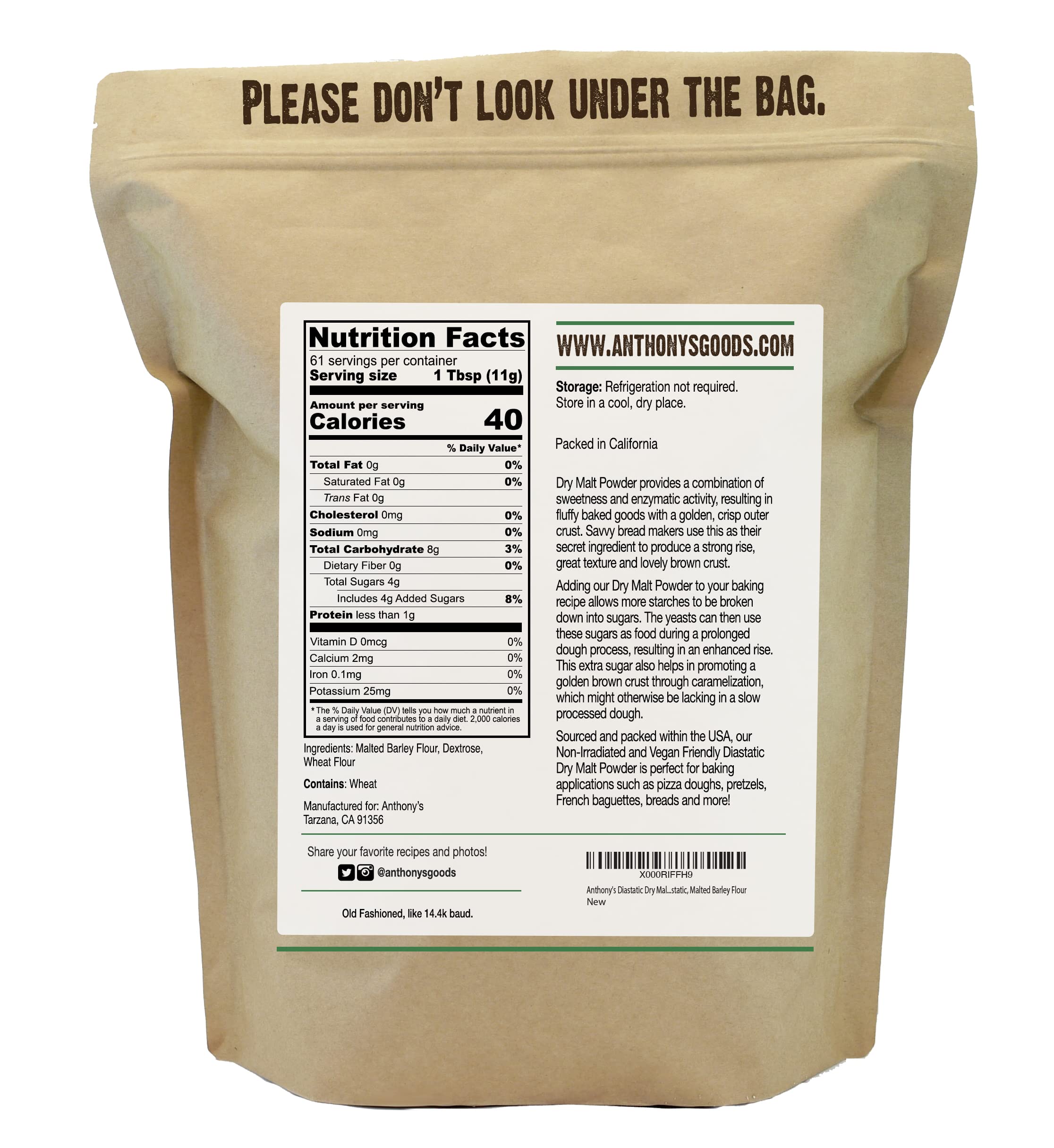 Anthony's Diastatic Dry Malt Powder, 1.5 lb, Made in the USA, Diastatic, Malted Barley Flour