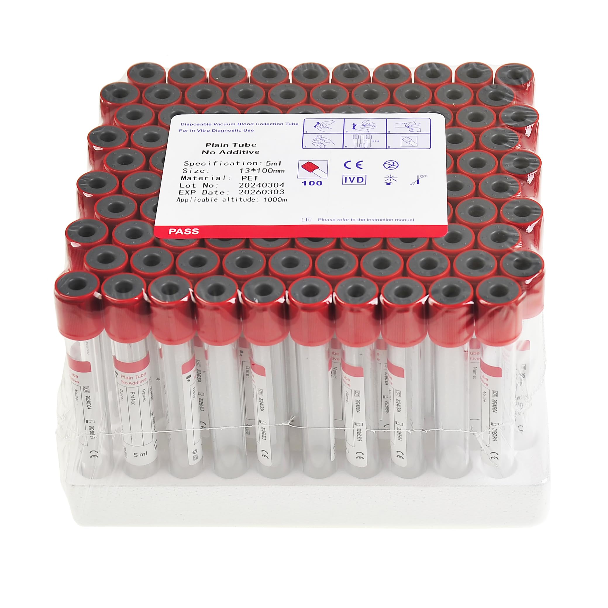 Caphstion Veterinary Lab Vacuum Blood Collection Coagulation Tubes No Additive Tube Blood Collection Tube Pet Supplies, 10ml Red 100pcs