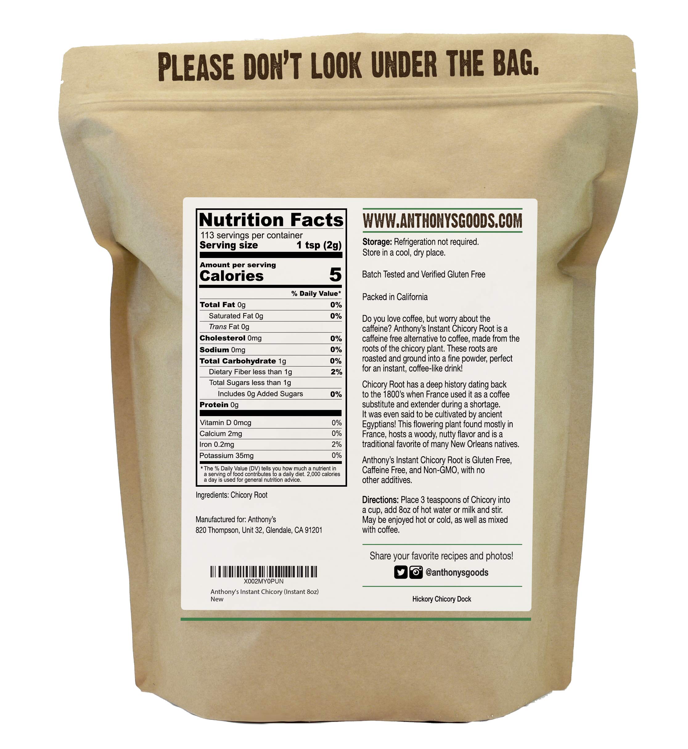 Anthony's Instant Chicory Root, 8 oz, Gluten Free, Caffeine Free, Non GMO, Coffee Alternative