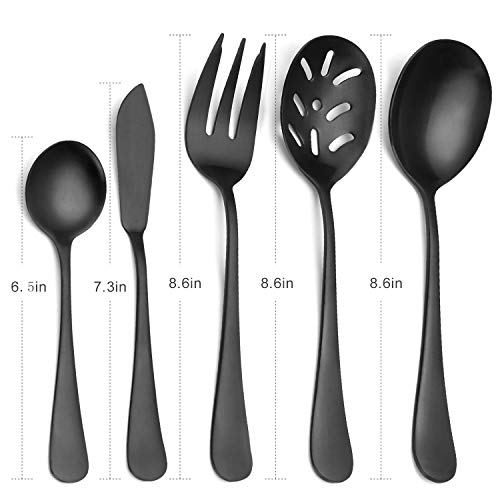 Matte Black Serving Set,SHARECOOK 5-Piece 18/0 Stainless Steel Large Hostess Set with Round Edge, Satin Finished, Dishwasher Safe -Spoons, Forks,Butter Knife& Slotted Spoon