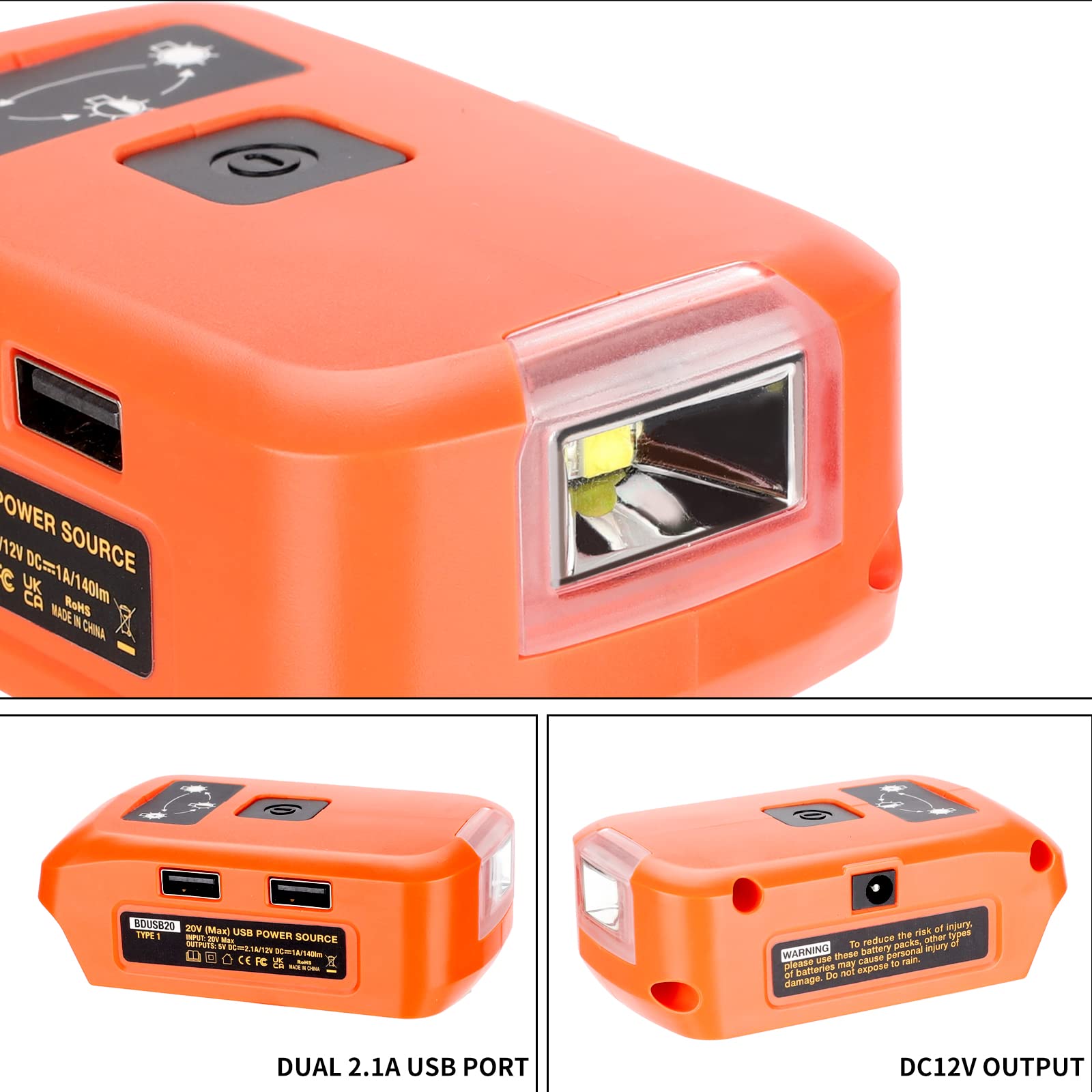 Battery Adapter for Black and Decker 20v Lithium Battery USB Phone Charger, Led Work Light with Dual USB Charger and 12v DC Port,Power Source Supply for 14.4-20v Max Lithium-Ion Battery
