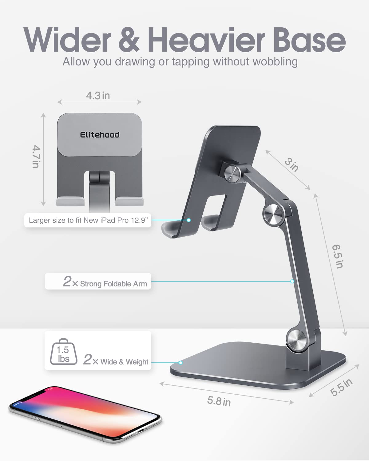 elitehood Aluminum iPad Stand, Adjustable iPad Stand Holder for Desk, Desktop Tablet Stand Dock for iPad Pro 12.9 11, iPad Air Mini 4 5 and More 4-13 inches Tablets, Gray