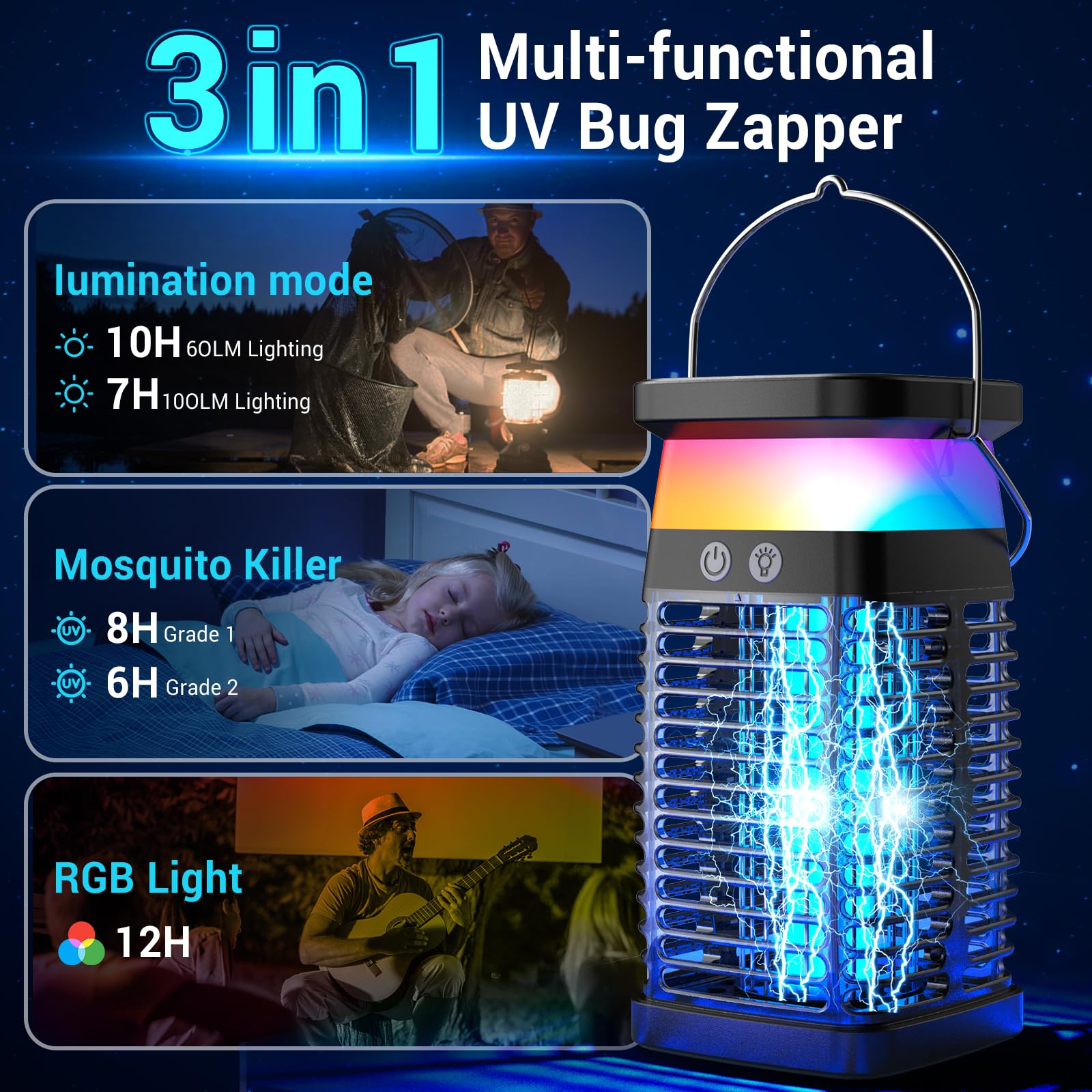 Bug Zapper Outdoor Indoor Mosquito Zapper Solar Fly Zapper Rechargeable Electric IP70 Waterproof Plug in with RGB Light & Reading Lamp for Patio Camping Home Backyard