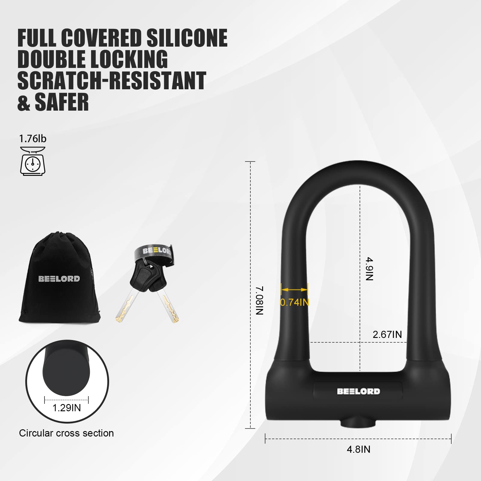 BEELORD Bike U-Lock, Heavy Duty Anti-Theft Bicycle U Lock, 18mm Shackle with Keys, Security Lock for Bicycles, E-Bikes, Scooters