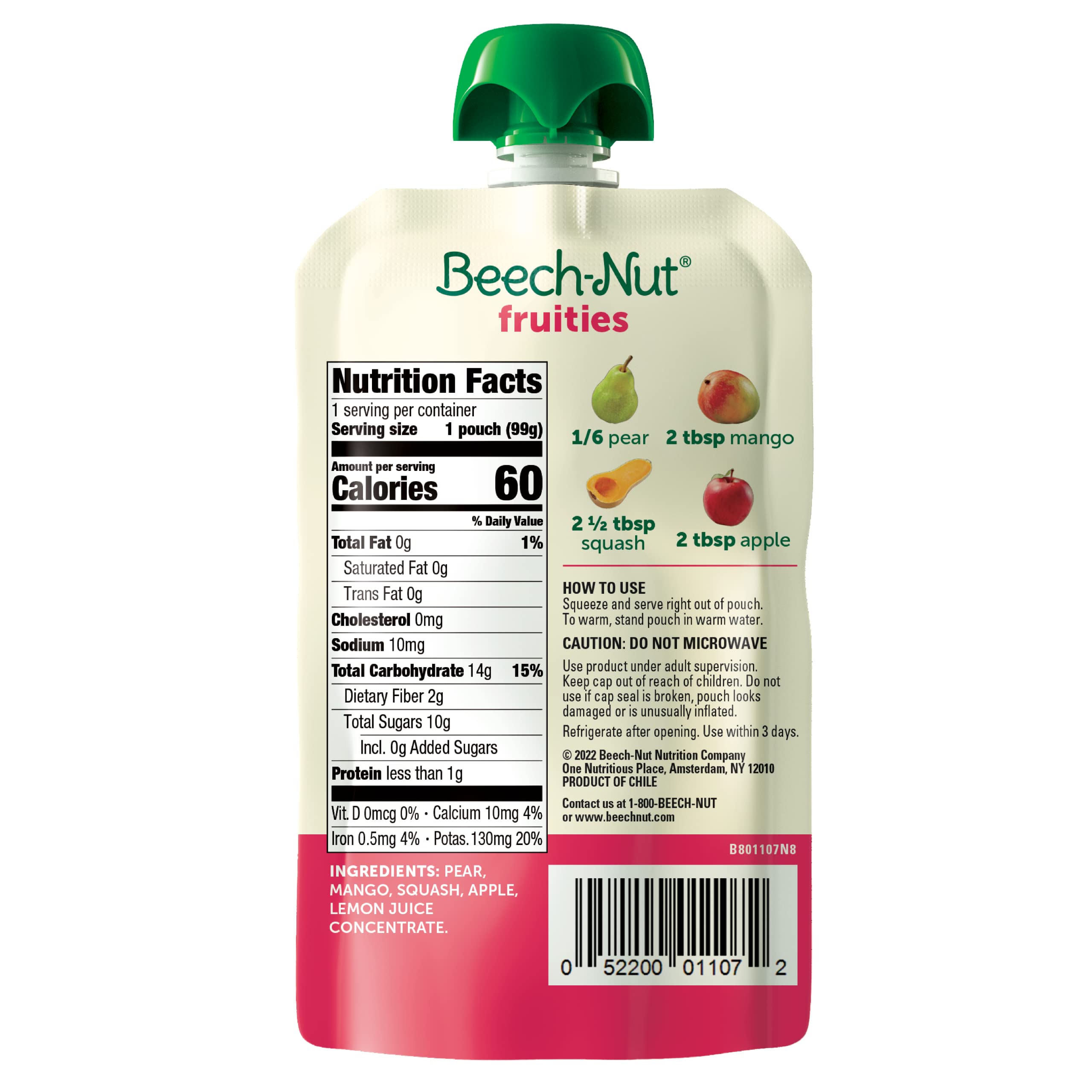 Beech-Nut Baby Food Pouches, Pear Mango Squash Fruit Puree, 3.5 oz (18 Pack)