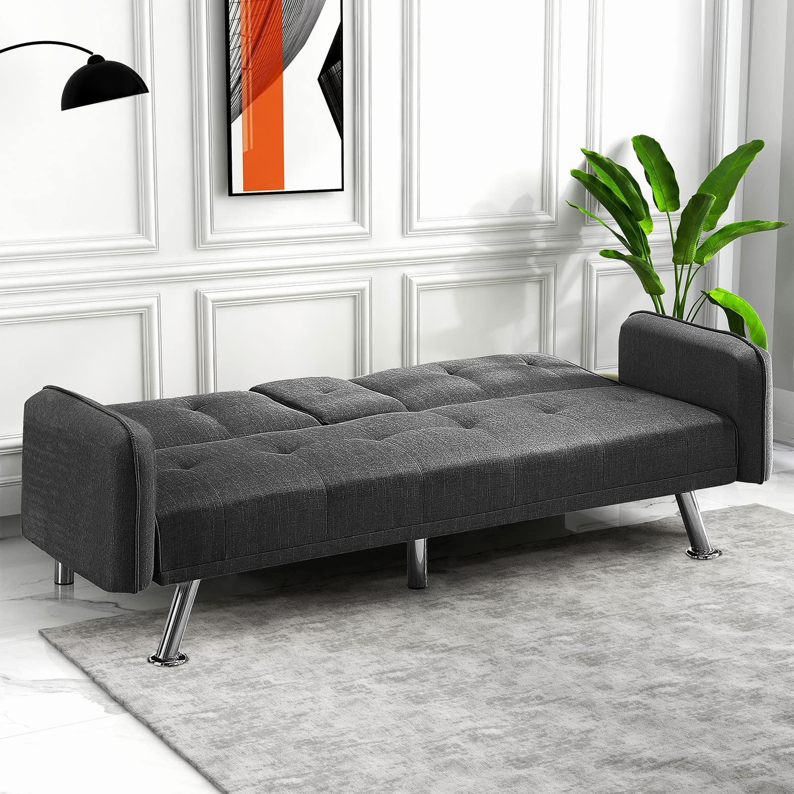 IULULU Futon Sofa Bed, Convertible Couch with 2 Cup Holders Loveseat with Armrest for Studio, Apartment, Office, Living Room, Dark Grey