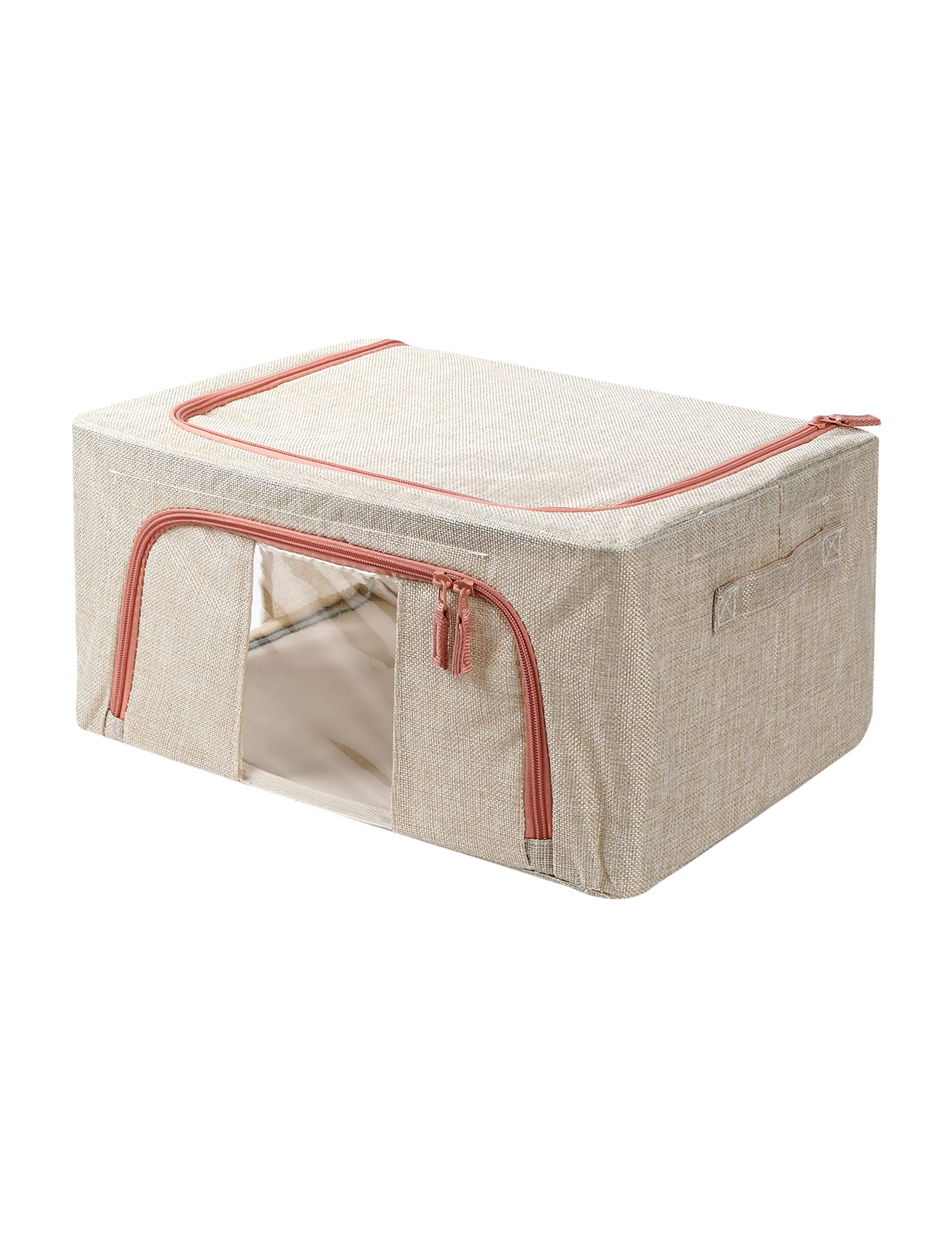 Foldable Clothes Storage Bags with Large capacity, Strong Metal Frame Support, Cotton linen, Cream-colored, BlueGift