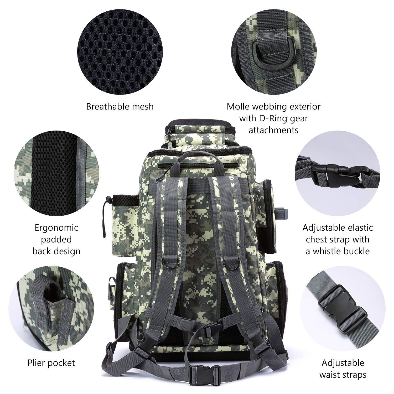 BASSDASH Fishing Tackle Backpack Water Resistant Lightweight Tactical Bag Soft Tackle Box with Rod Holder and Protective Rain Cover