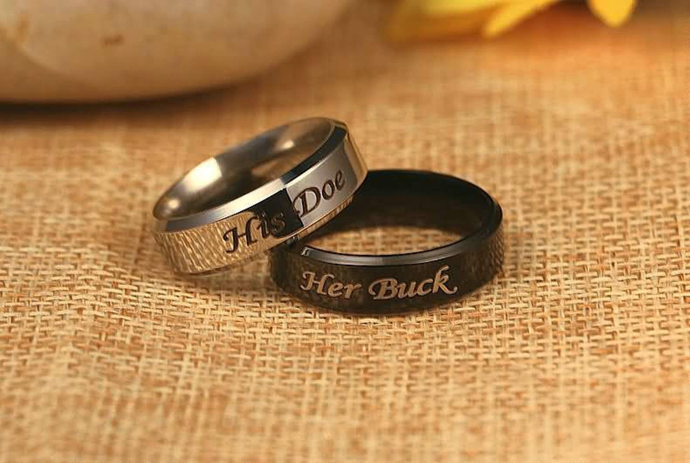 Aooaz Band Wedding Ring Ring Stainless Steel Engraved Her Buck and His Doe Camo Wedding Ring Sets His and Hers Women 5 & Men 13