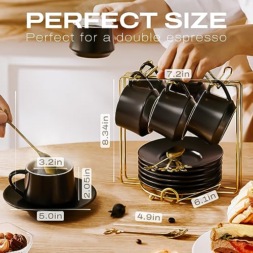 Lareina Espresso Cups with Saucers, Spoons and Metal Stand, Small 4 oz Ceramic Cappuccino Coffee Cups Set of 6, Cute Demitasse Cups with Handle for Nespresso Lungo, Double Espresso, Cortado(Black)