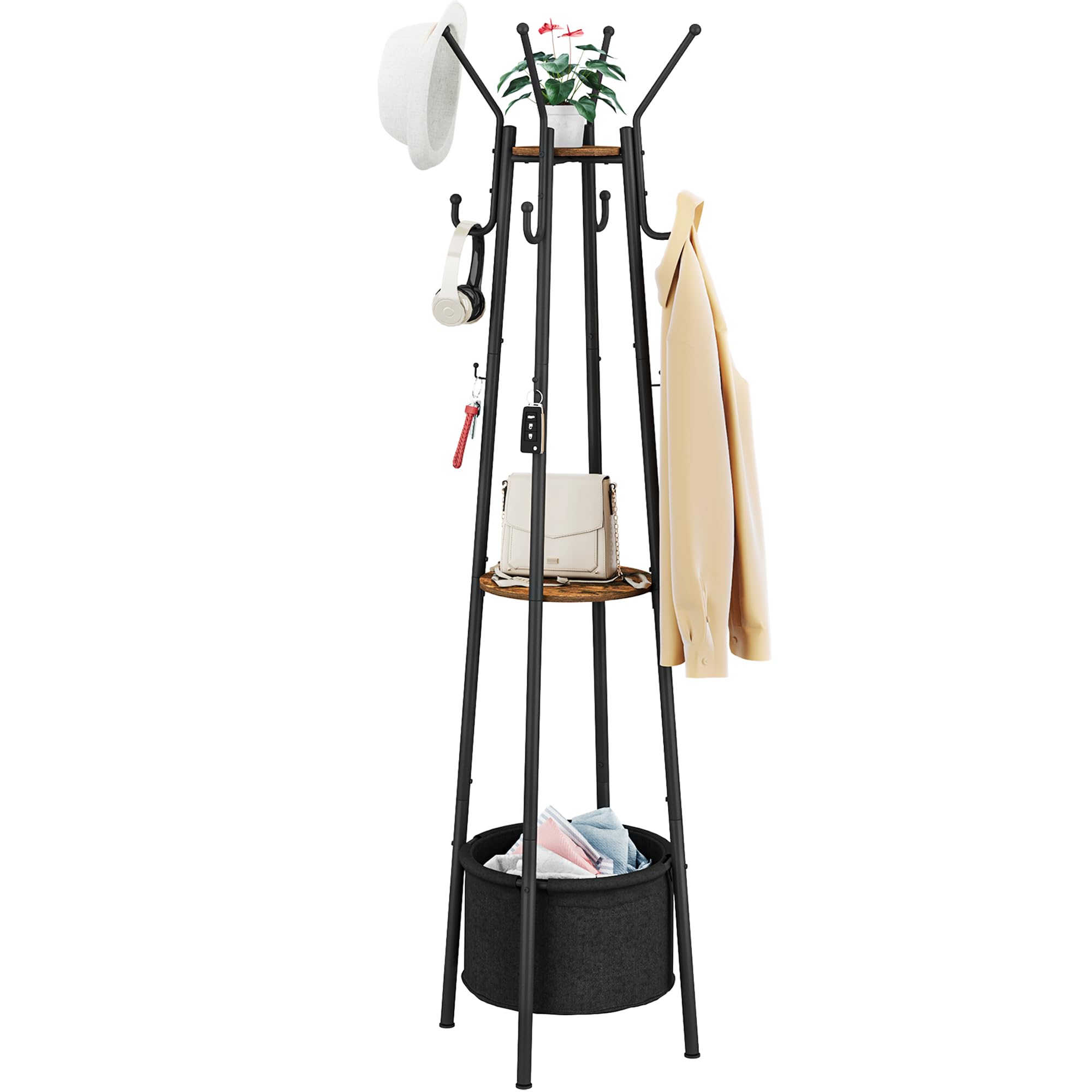 Hzuaneri Coat Rack Freestanding, Coat Rack Stand with 12 Hooks, Coat Tree, Coat Racks Coat Hanger Stand with 2 Shelves and Storage Basket, Hall Tree for Entrance, Hallway, Black CR24701B