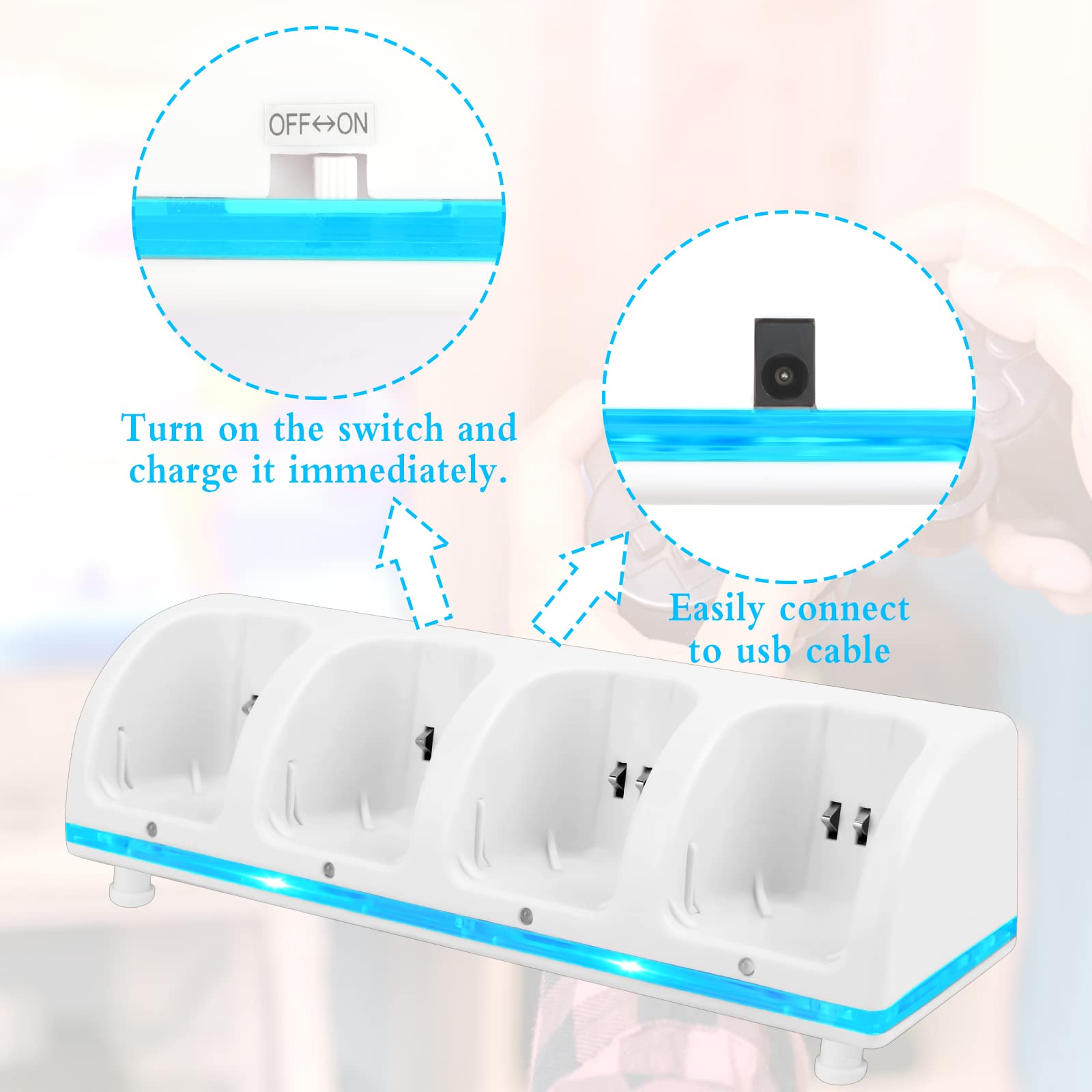 Kulannder Wii Remote Charging Station, 4-in-1 Controller Charger Station with 4 Wii Rechargeable Battery Pack & USB Cable for Wii/Wii U Controller Remote (White)