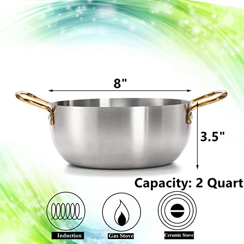 DEAYOU Ramen Cooking Pot, 8" Stainless Steel Pasta Stockpot, Small Everyday Pan with Double Handle, Korea Noodle Pot, Induction Saucepan Stewpot for Stovetop, Soup, Egg, Stir Fry, Fast Heating, 2 QT