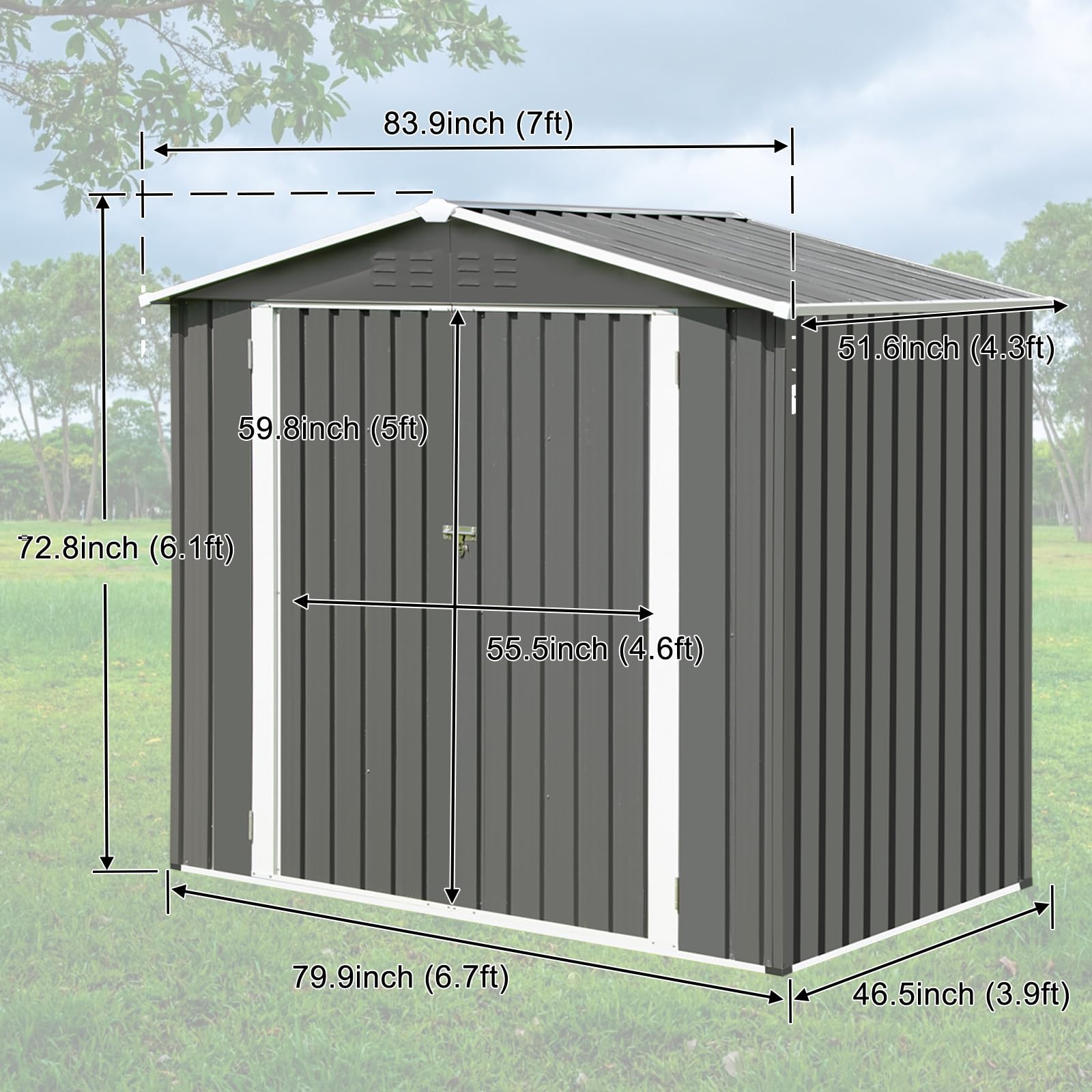 Udekoo Outdoor Storage Shed Metal 4.2x7 FT, Portable Utility Tool Outside Shed Box Waterproof Large Shed House for Patio Backyard Garden, Grey