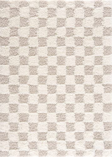 BoutiqueRugs Atira Modern Checkered Shag Area Rug - High Pile Fluffy Shag Rug for Kids Room, Nursery, Living Room, Bedroom, Dining Room - Beige, Cream, White - 6'7" X 9'6" (6x9 Area Rug)