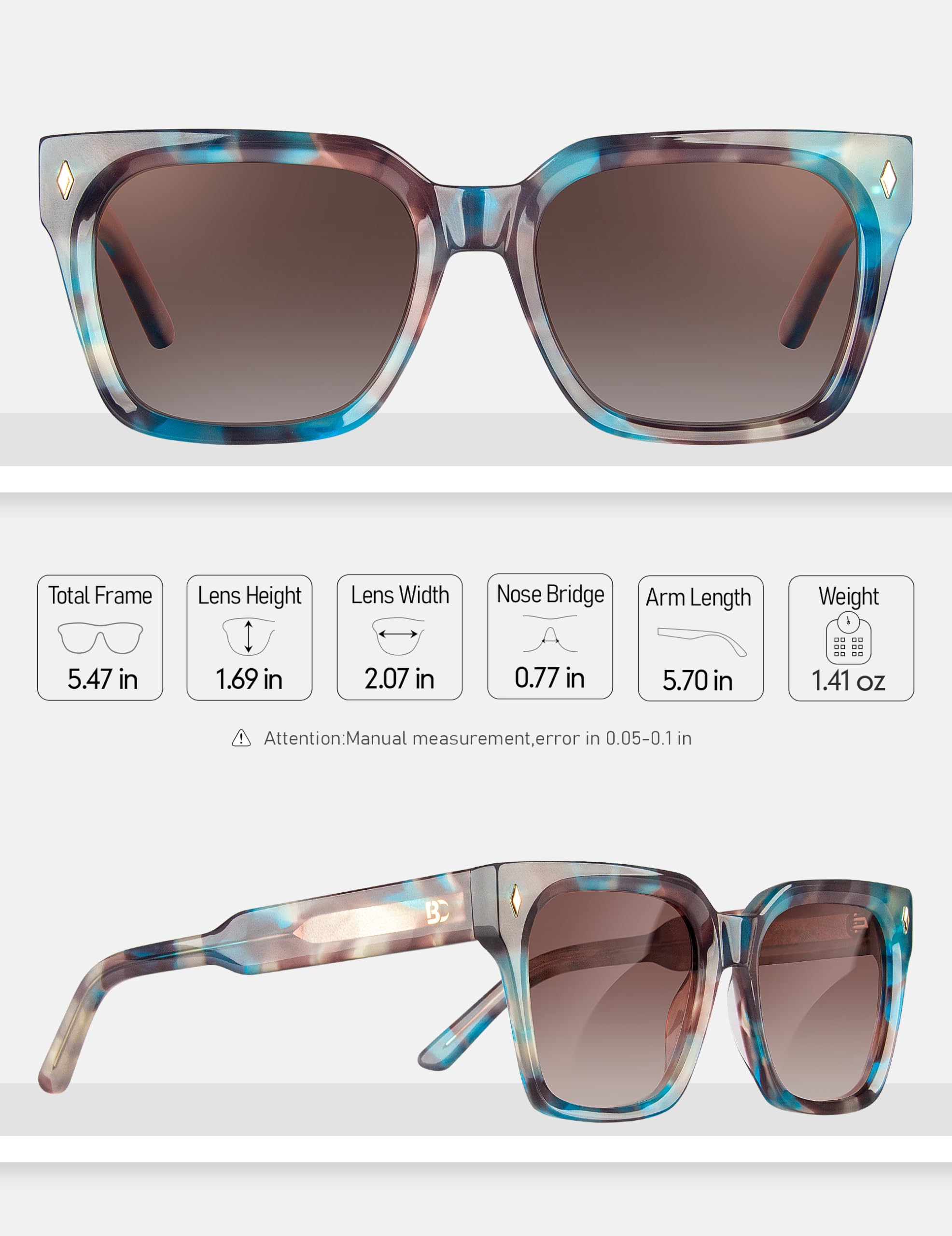 BIRCEN Polarized Trendy Sunglasses for Women: UV Protection Womens and Mens Square Shades with Acetate Frame BC2003