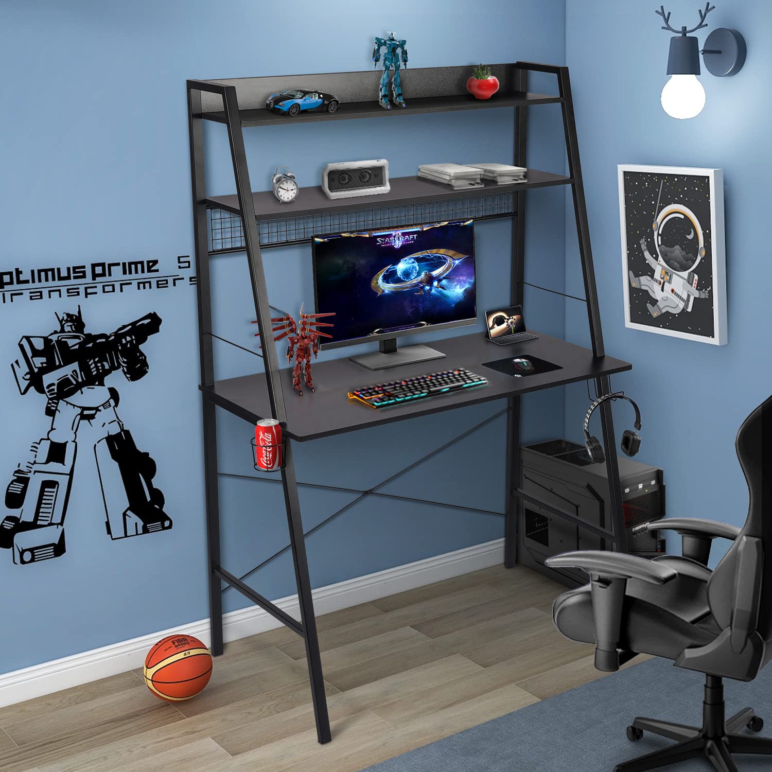 LYNSLIM Gaming Desk β 43β Computer Table for Home Office Gamer Workstation with Storage Shelf,Cup Holder and Headphone Hooks (Black, 43")
