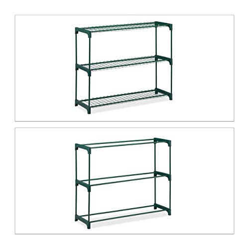 Relaxdays Plant Stand, 3 Tiers, Storage for Flower Pots, Indoor, Iron & Plastic, H x W x D 74.5 x 91 x 28.5, Green, Pack of 1